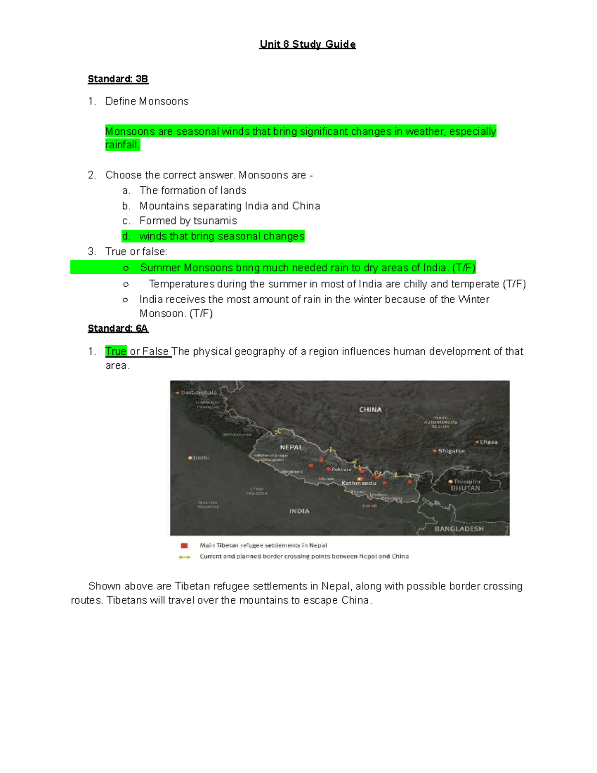 Unit 8 Study Guide: Monsoons, Migration, and the Green Revolution - Studocu