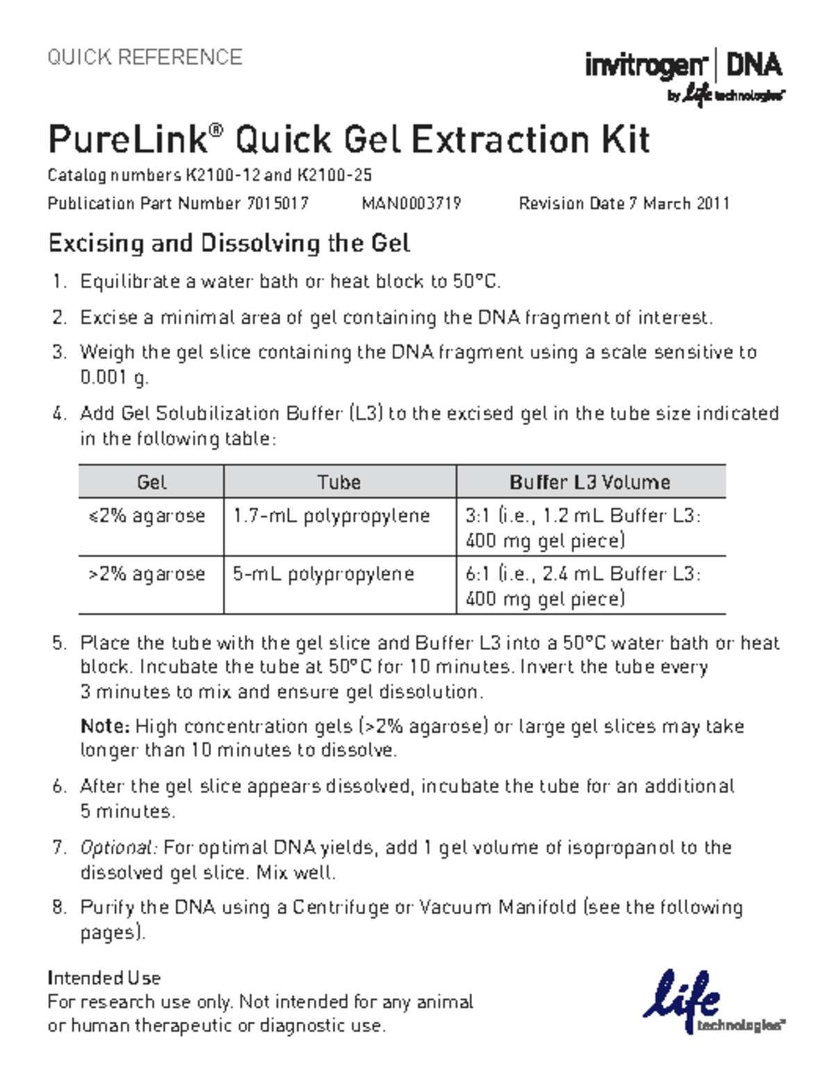 QUICK GEL EXTRACTION KIT USER GUIDE: DNA Purification Protocols - Studocu