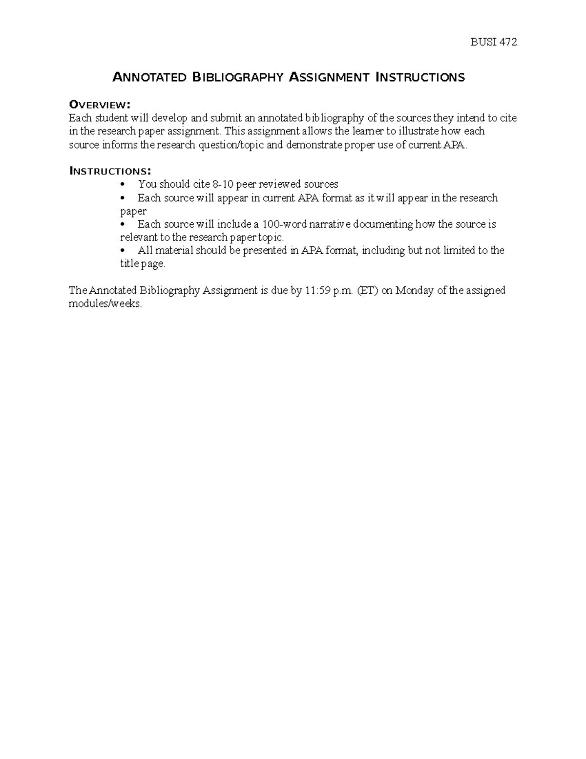 Annotated Bibliography Assignment Instructions - BUSI 472 ANNOTATED ...