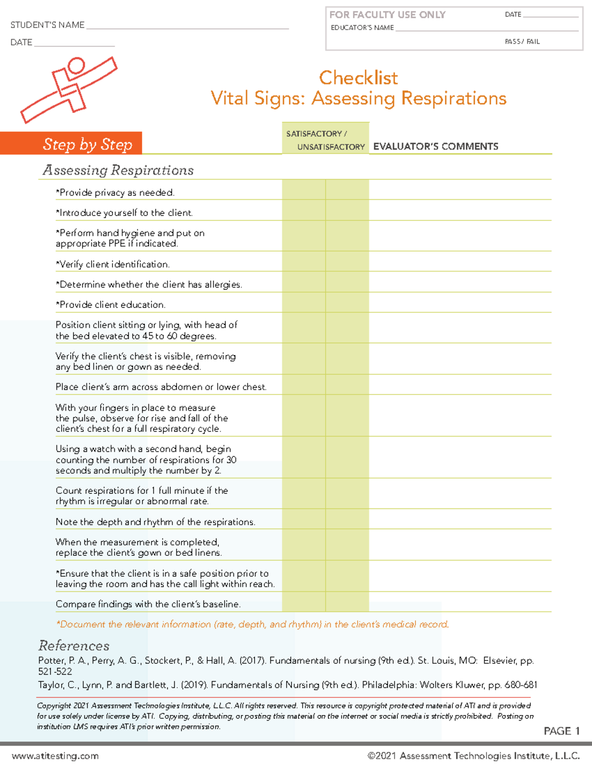 Skills Checklist Vital Signs Respirations - atitesting ©2021 Assessment ...