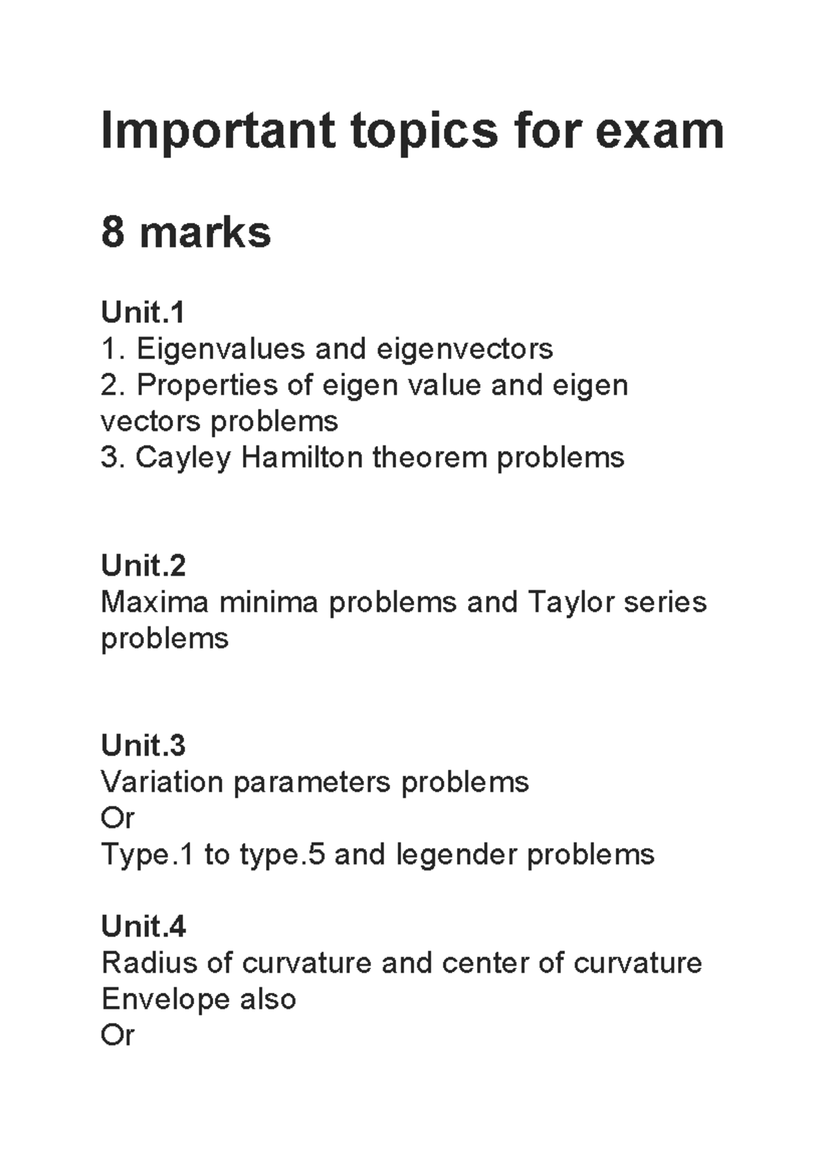 Maths IMP Topics - Physics - Important topics for exam 8 marks Unit. 1 ...