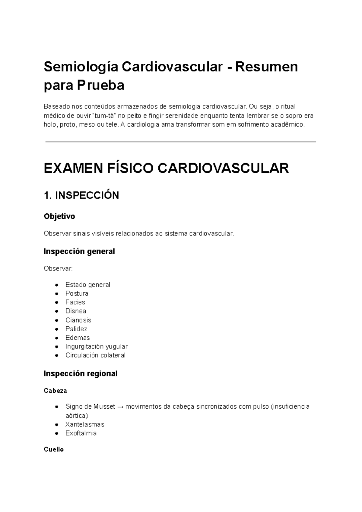 Semiología Cardiovascular: Resumen para Prueba 260525 - Studocu
