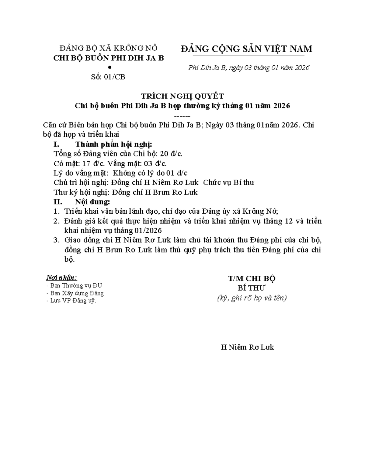 Nghị Quyết Chi Bộ Buôn Phi Dih Ja B - Tháng 01/2026 - Studocu