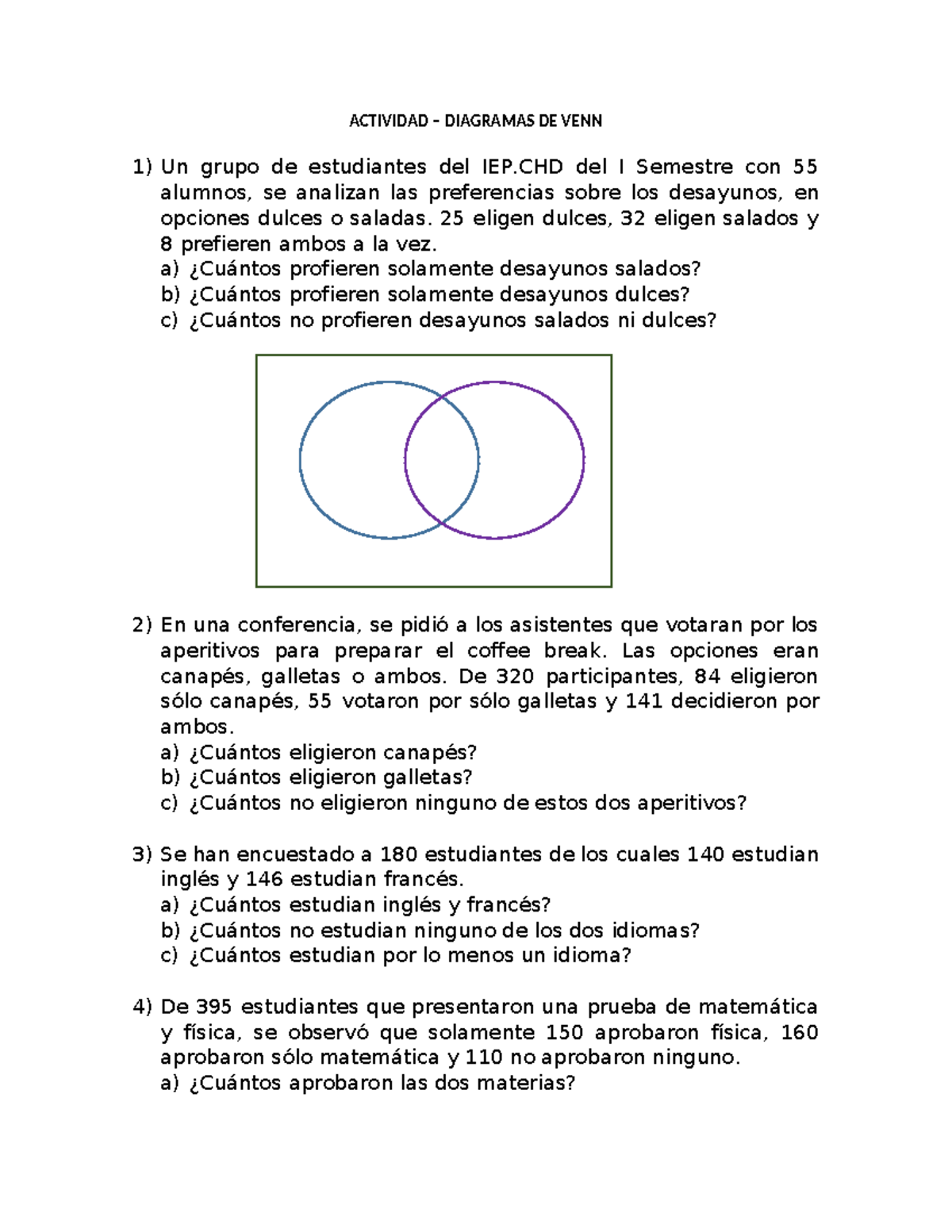 Actividad - Diagramas DE VENN DOS Conjuntos - ACTIVIDAD – DIAGRAMAS DE ...