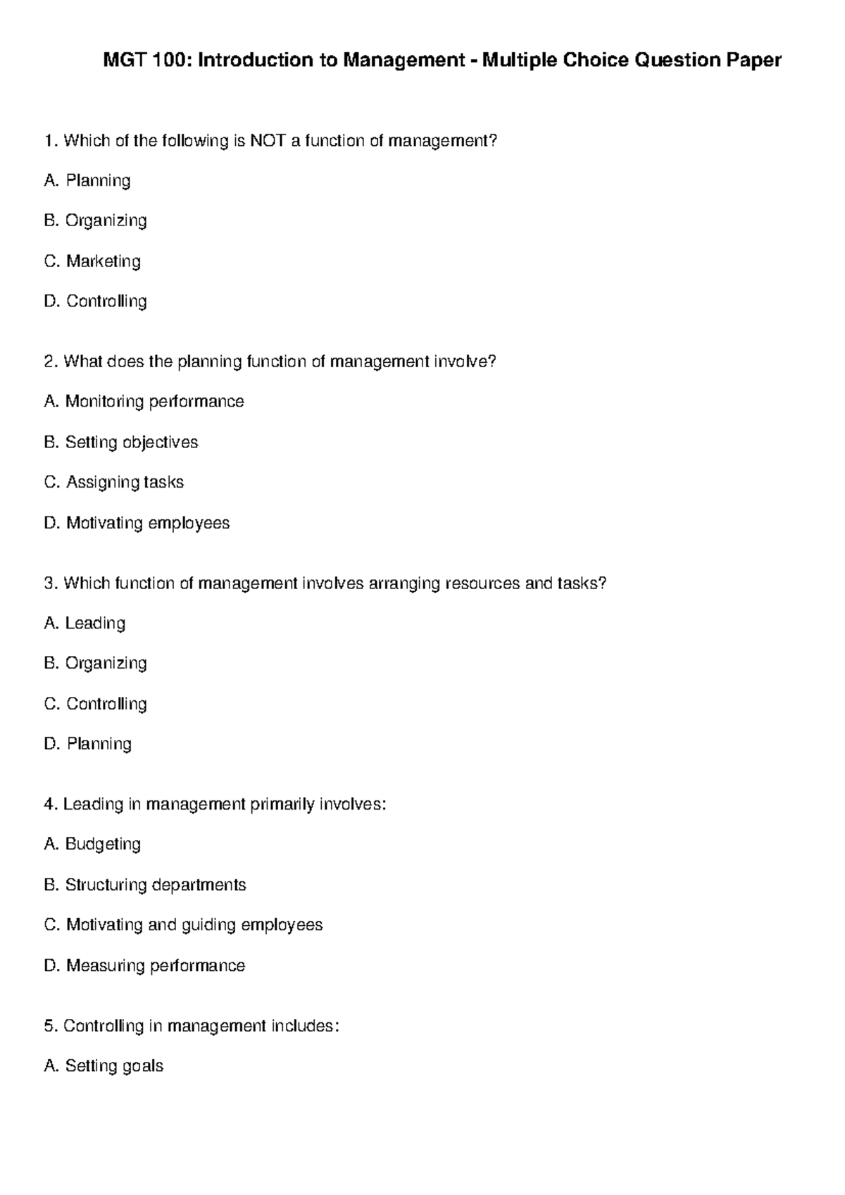 MGT 100: Management Multiple Choice Questions for Exam Preparation ...