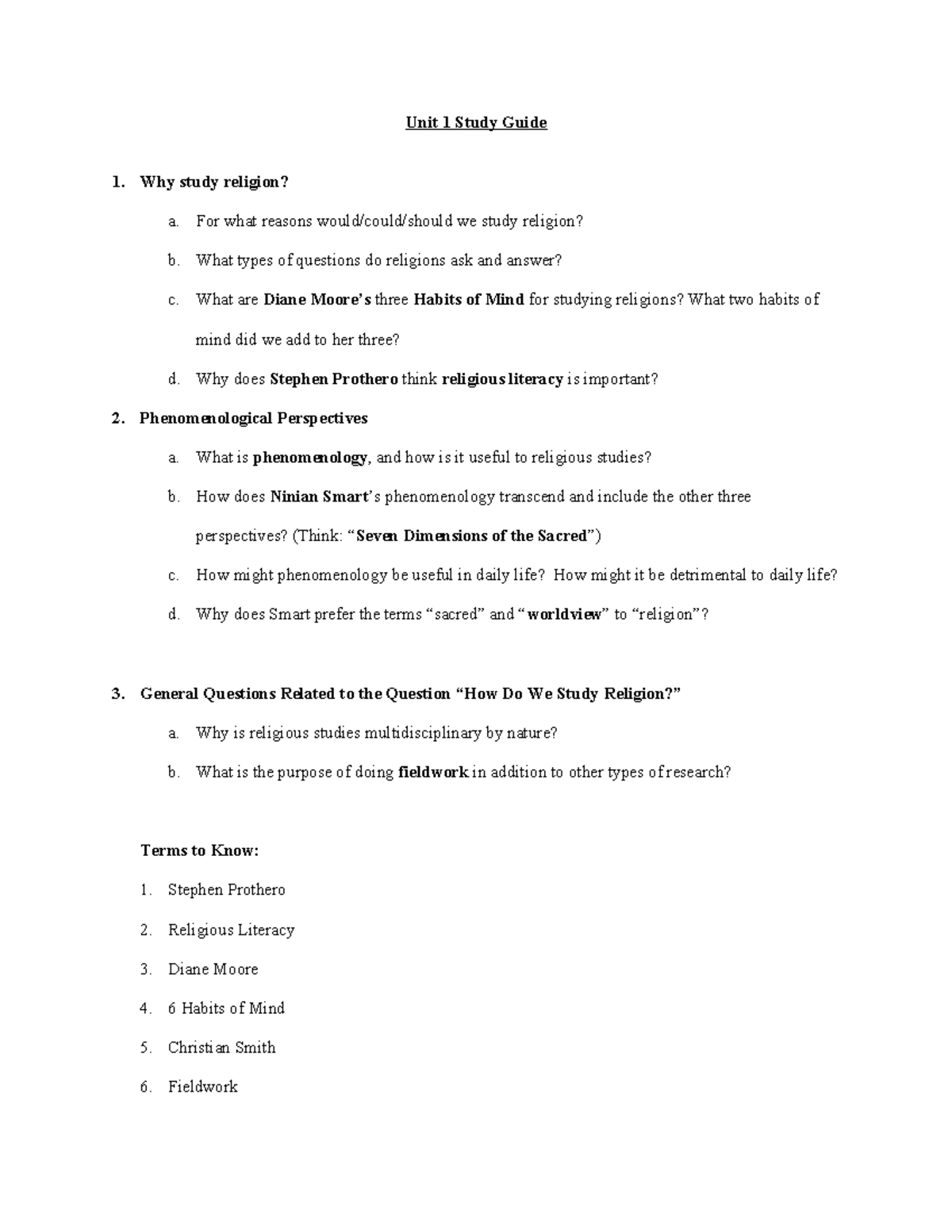 Unit 1 Study Guide: Key Concepts in Religious Studies - Unit 1 Study ...