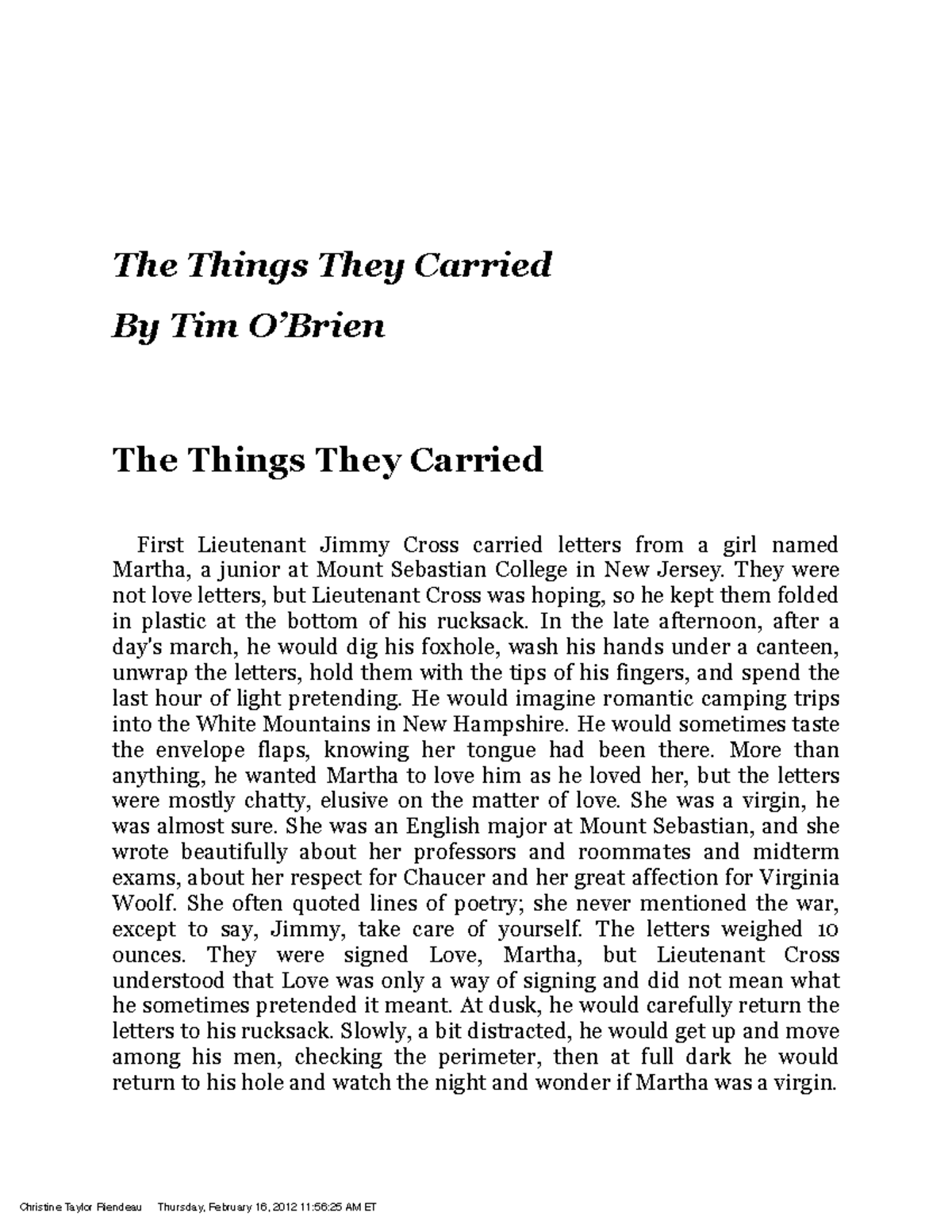 They Things They Carried Notes Complete - The Things They Carried Tim ...