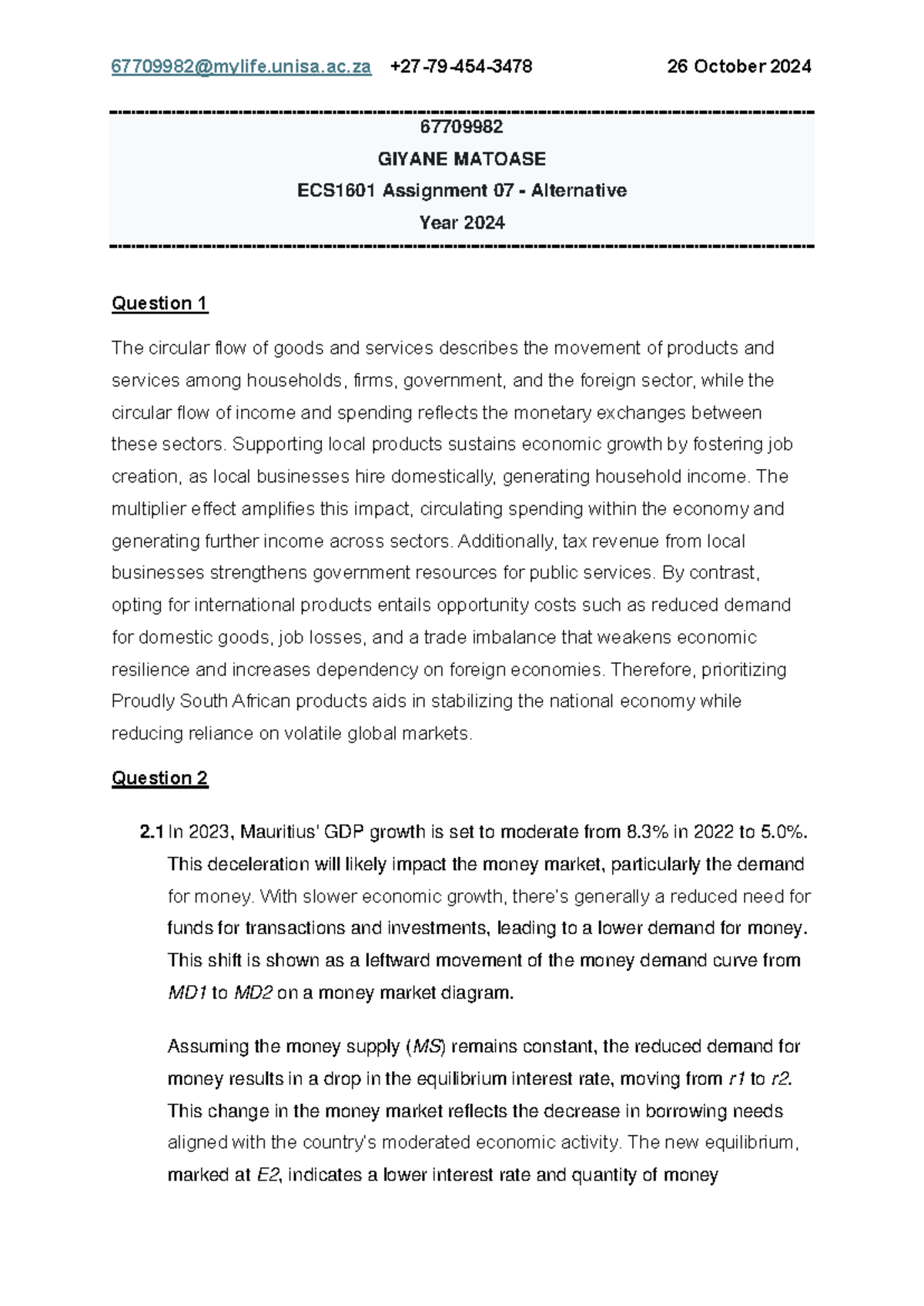 ECS1601 Assessment 07: Economic Analysis & Income Dynamics - Studocu