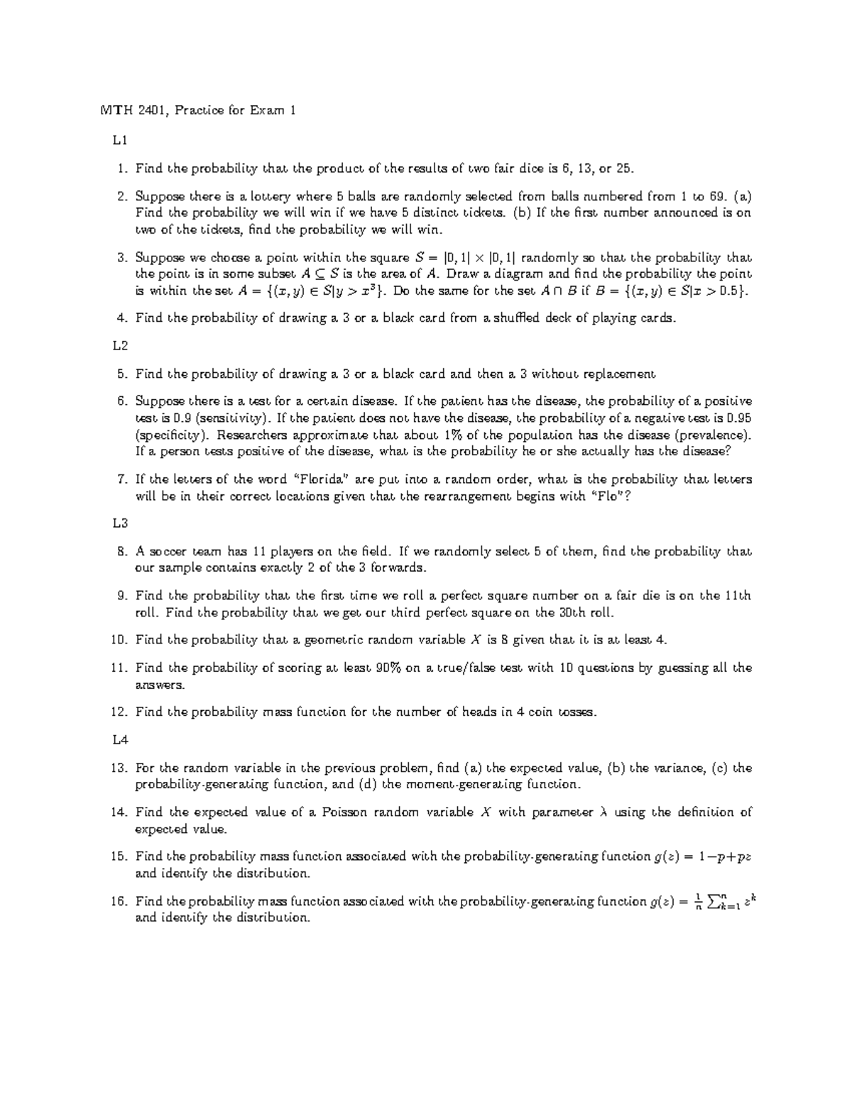 MTH 2401 - Practice Exam 1: Probability & Random Variables - Studocu