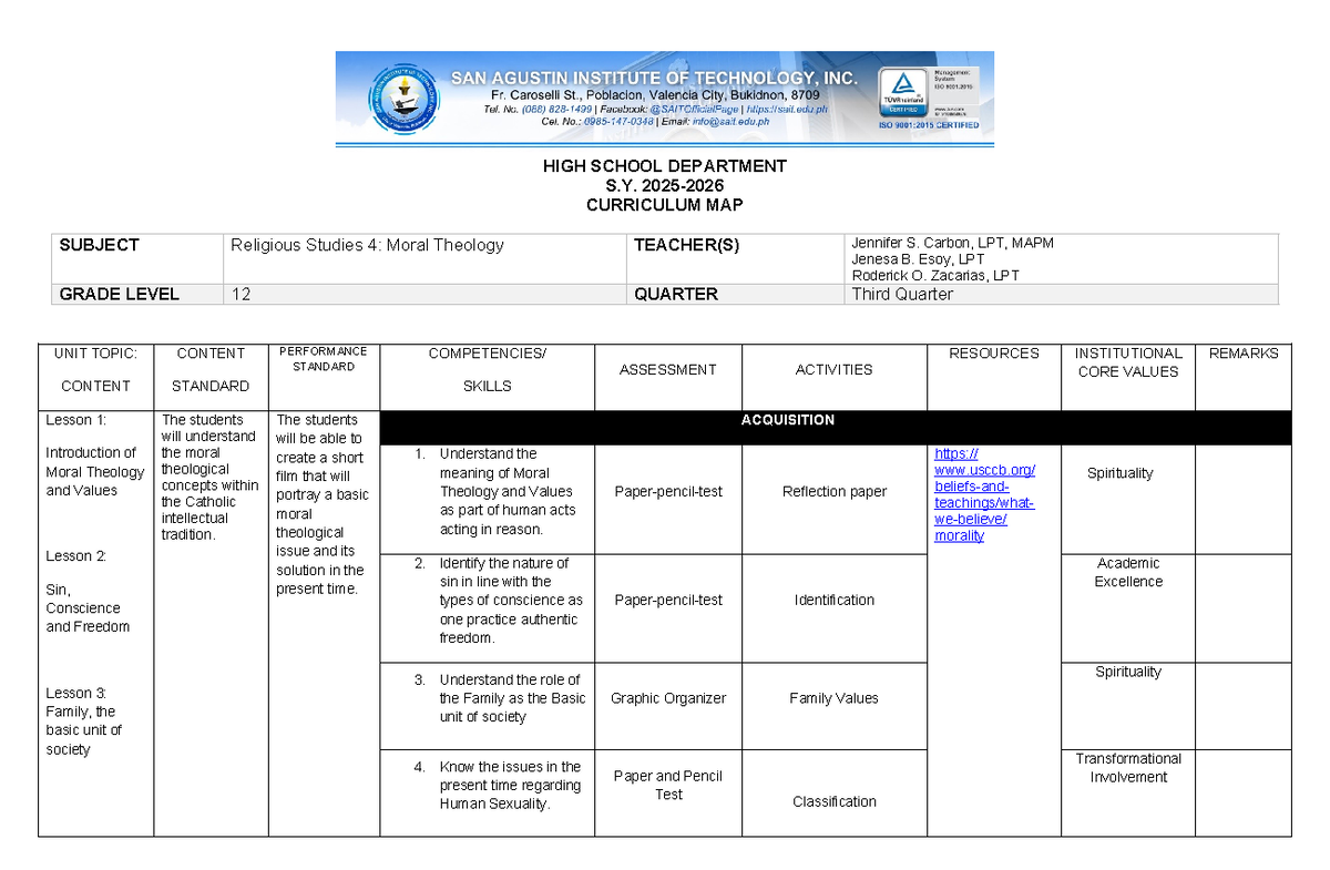 RS 4 Curriculum Map: Moral Theology Overview for Grade 12 - Studocu