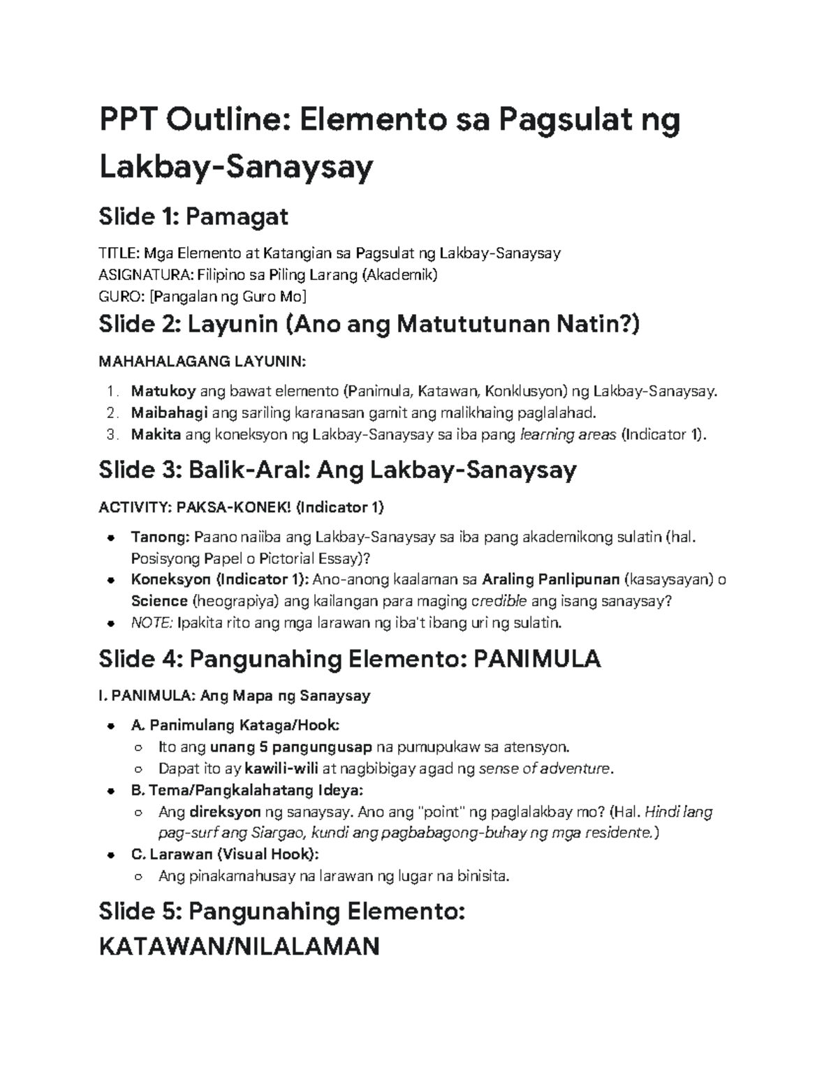 PPT ng Elemento sa Pagsulat ng Lakbay Sanaysay - Filipino sa Piling ...
