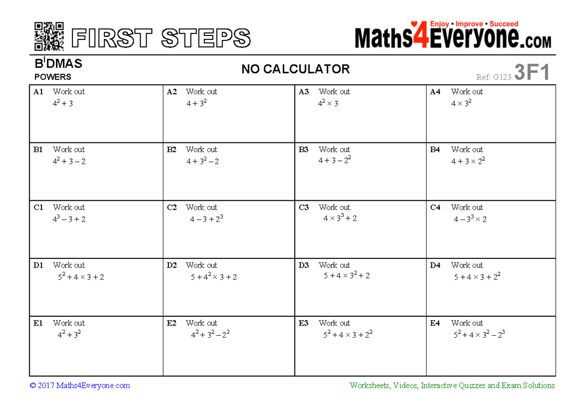 SR G123.3F Bidmas Powers - No Calculator Worksheet - Studocu
