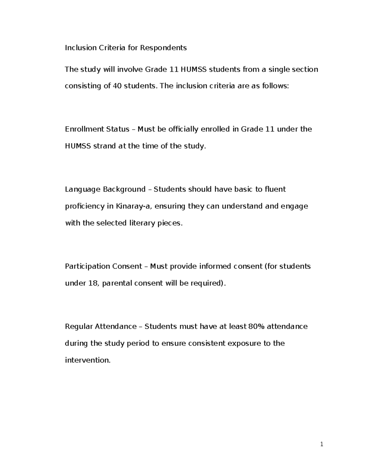 Inclusion Criteria for Grade 11 HUMSS Students in Literature Study ...