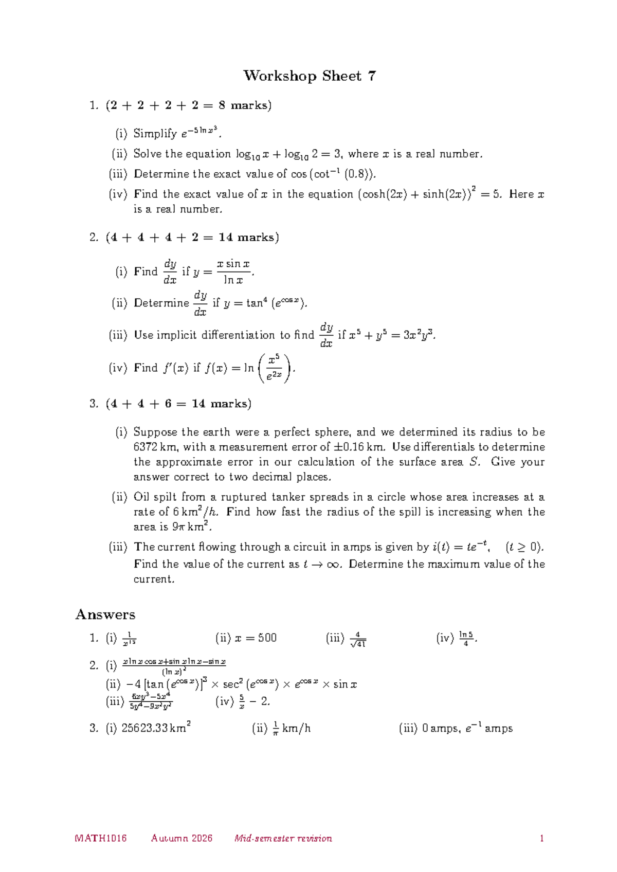 MATH1016 Mid-semester Revision Workshop Sheet 7 - Studocu