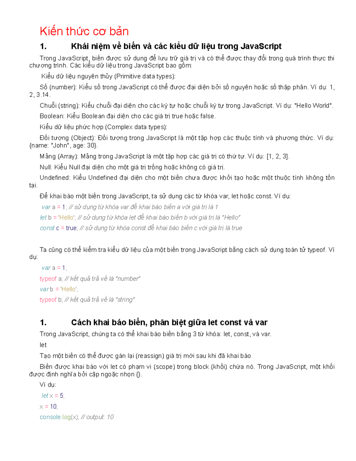 Tóm tắt kiến thức cơ bản về JavaScript - JS 101 - Studocu