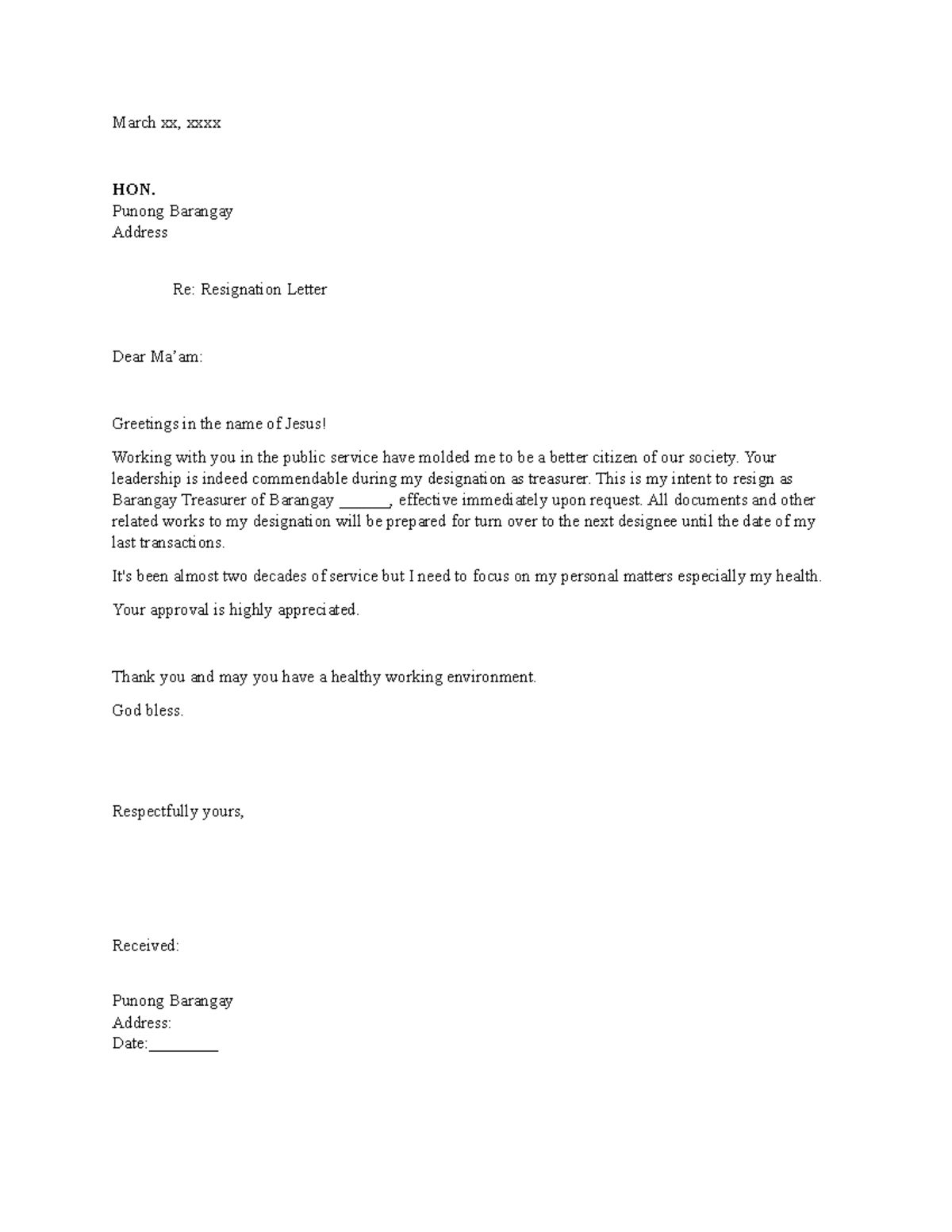 Resignation Letter for Barangay Treasurer Position - Studocu
