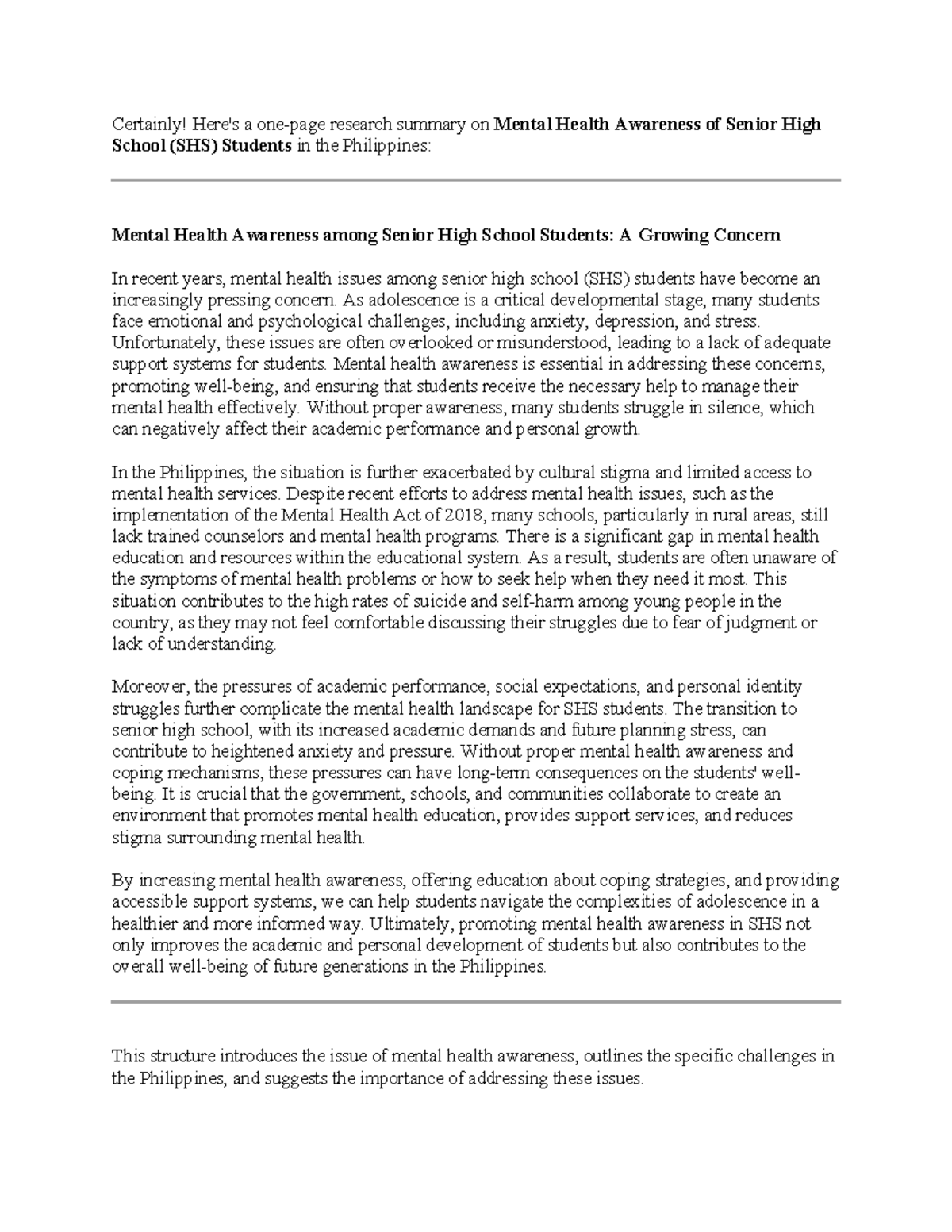 Mental Health Awareness Among SHS Students in the Philippines: Issues ...