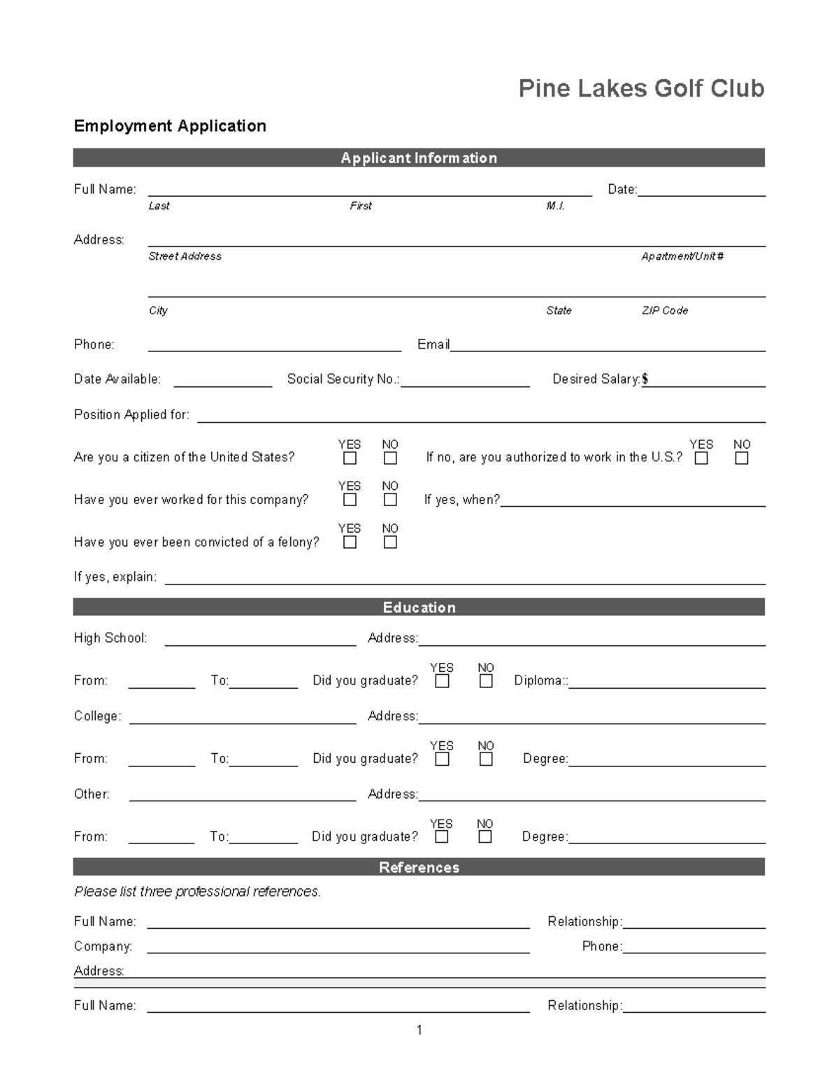 Pine Lakes Golf Club Employment Application Form - Studocu