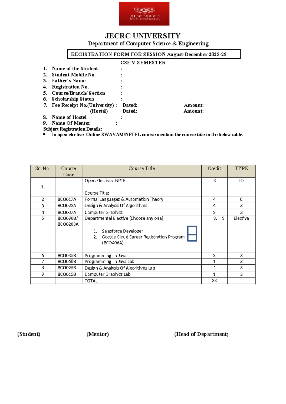 B.Tech CSE V Sem Registration Form for Session - Studocu