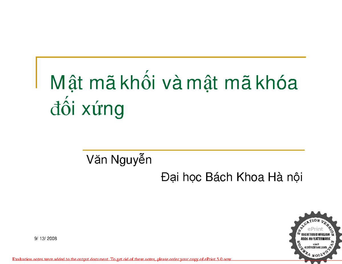 Mật mã khối & Khóa đối xứng - Chương học Ma Khoa-Khoai DX - Studocu
