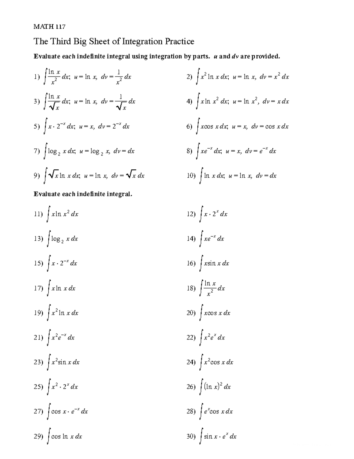 MATH 117 Integration by Parts Practice Worksheet - Studocu