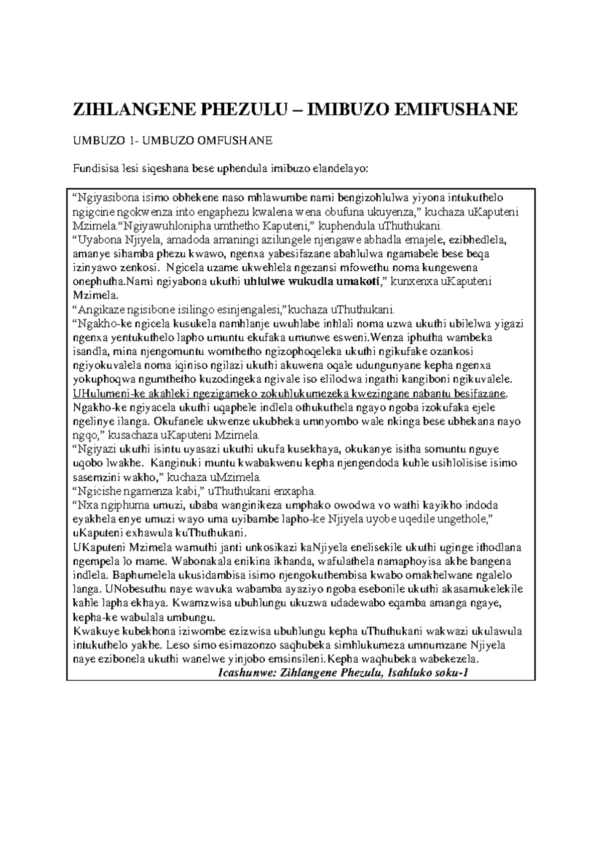 Zihlangene imibuzo emifushane -1 - ZIHLANGENE PHEZULU – IMIBUZO ...