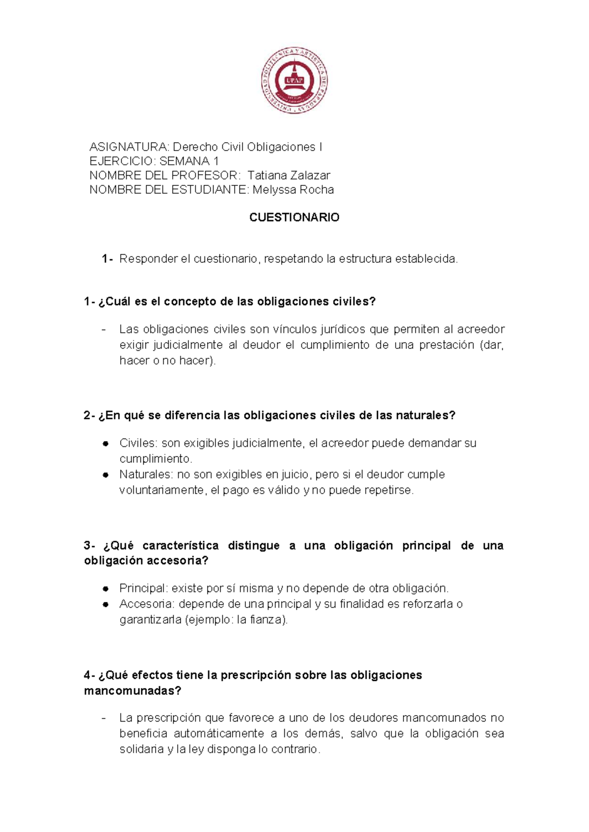 Semana 1 - Cuestionario de Derecho Civil Obligaciones I - Studocu