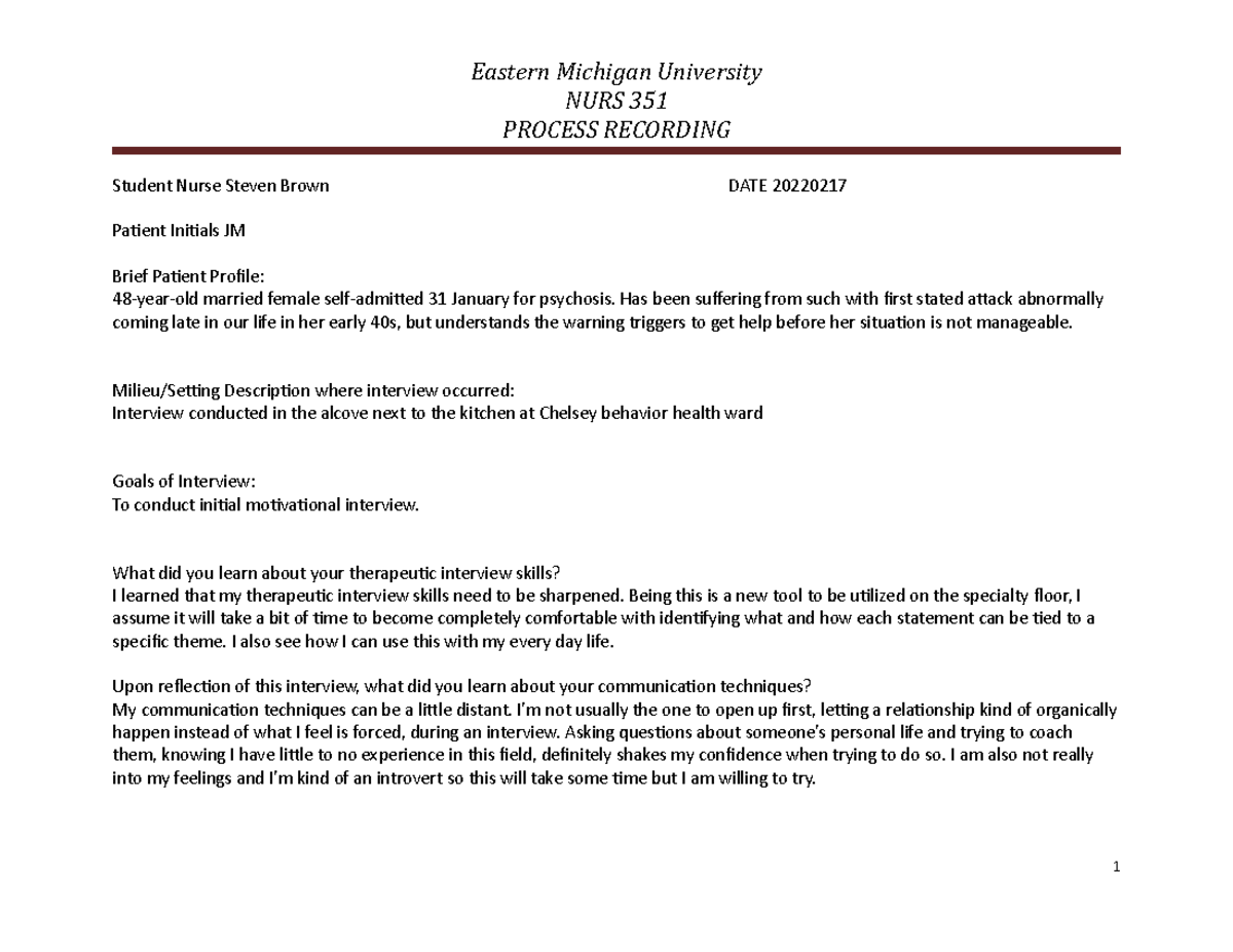 Process Recording #1 Example - NURS 351 PROCESS RECORDING Student Nurse ...