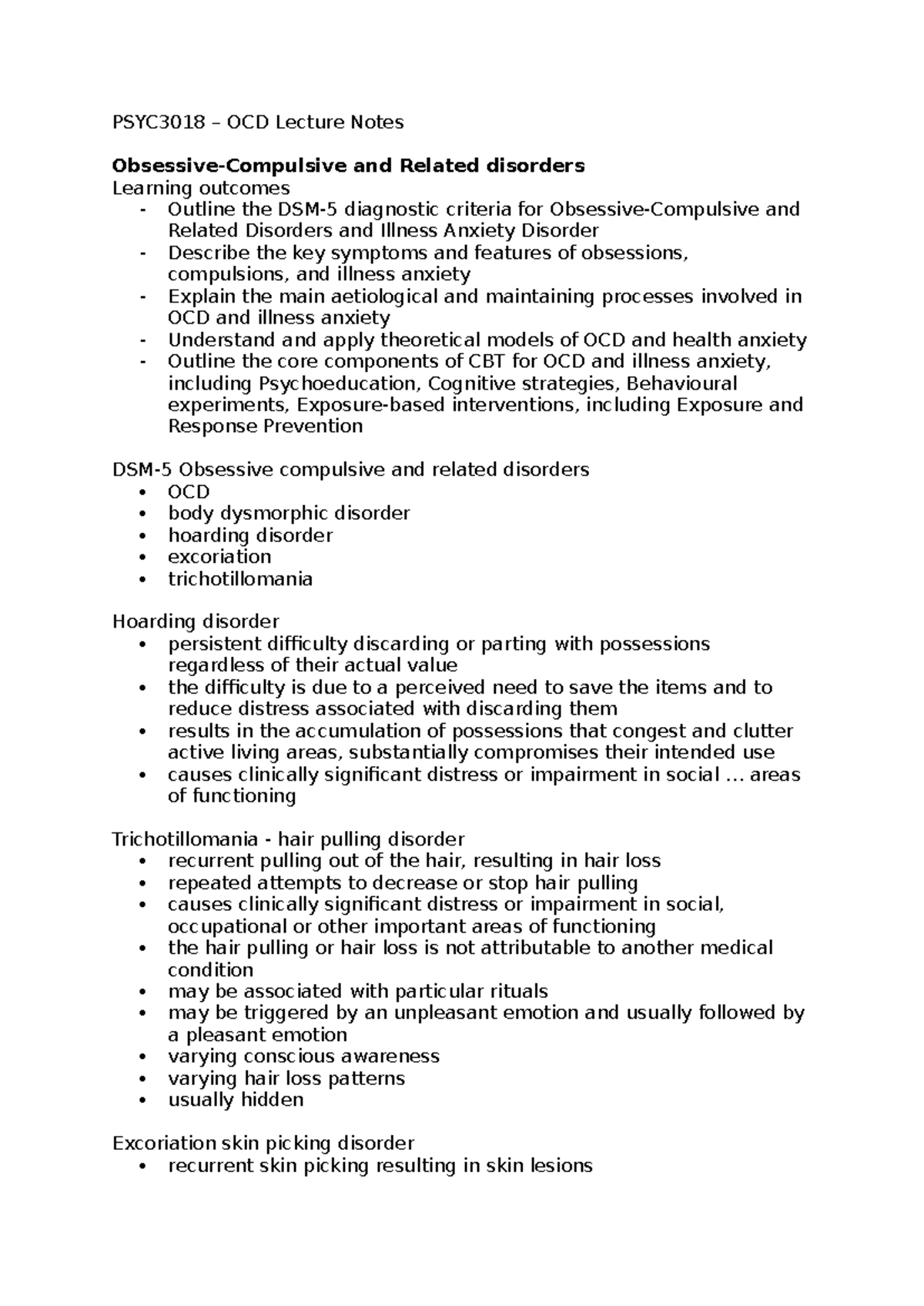 PSYC3018 - Comprehensive Lecture Notes on OCD & Related Disorders - Studocu