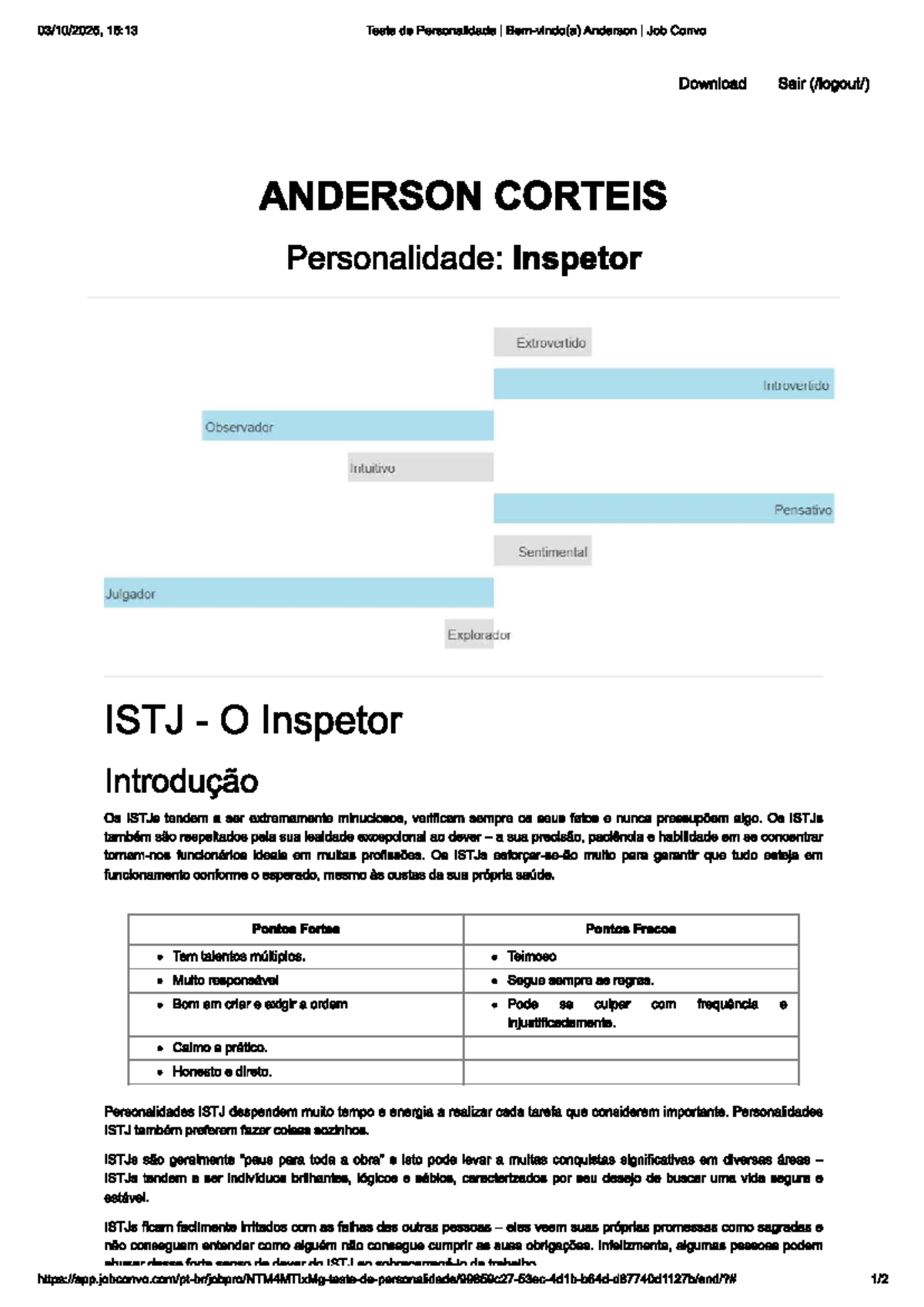 Teste de Personalidade I - Análise do Tipo ISTJ - Studocu
