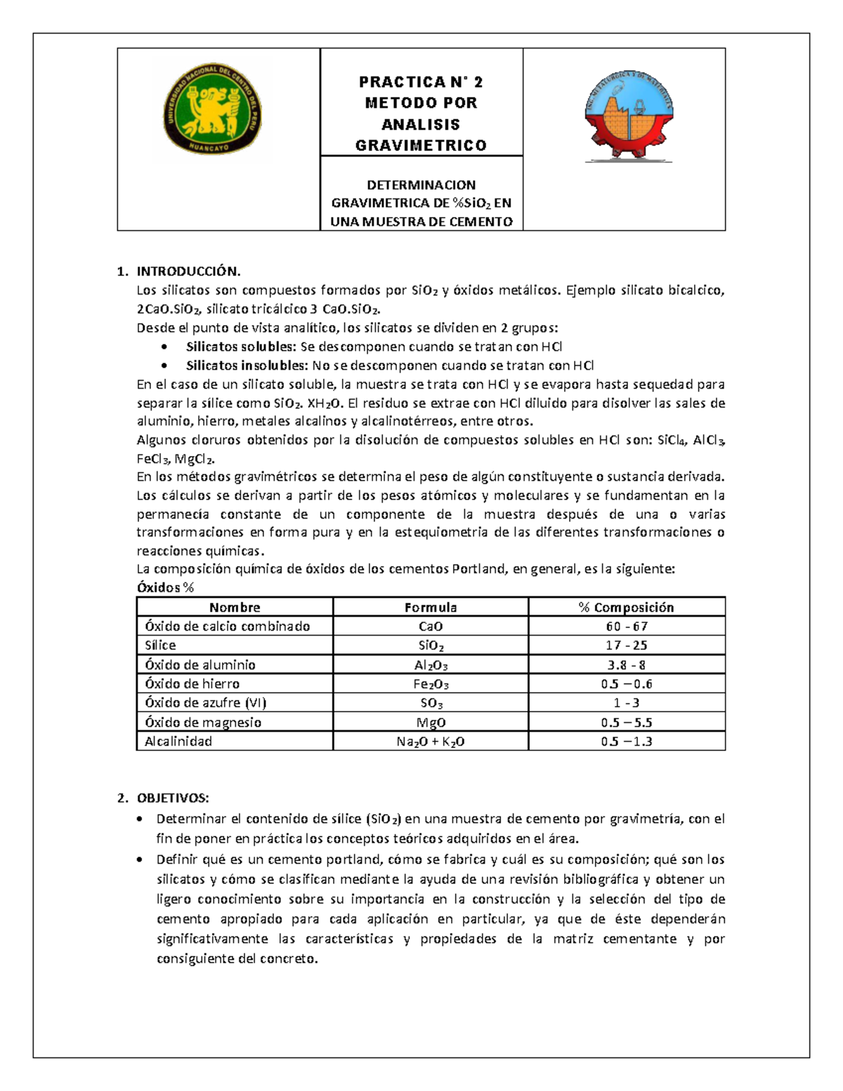 Determinación Gravimétrica de %SiO2 en Muestra de Cemento - Practica 2 ...