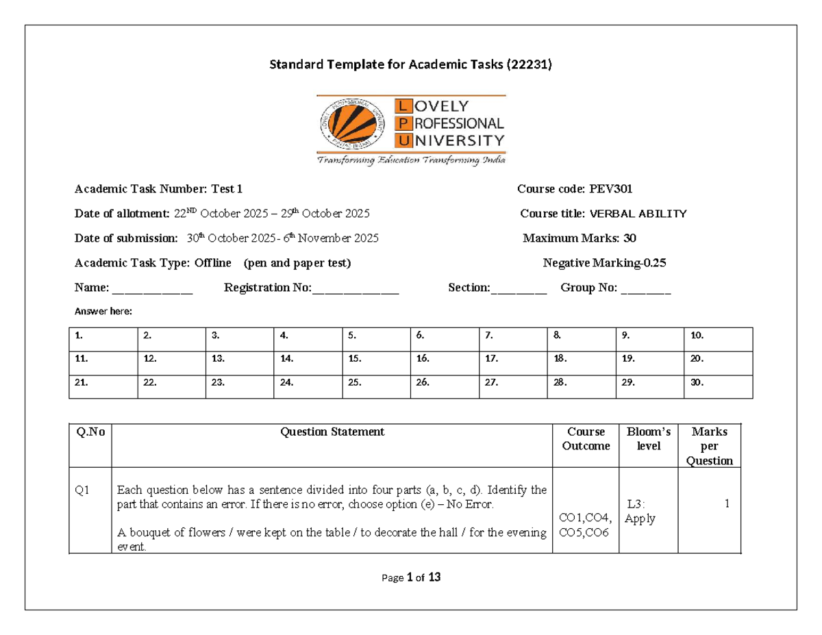 PEV301 Verbal Ability Test 1 Sample Template - Studocu