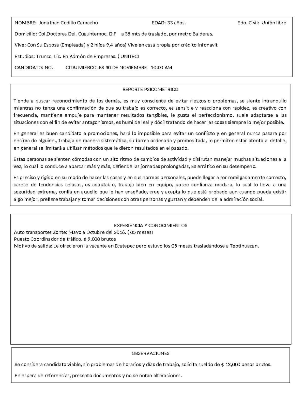 Reporte de Entrevista Psicométrica: Jonathan Cedillo Camacho - Studocu