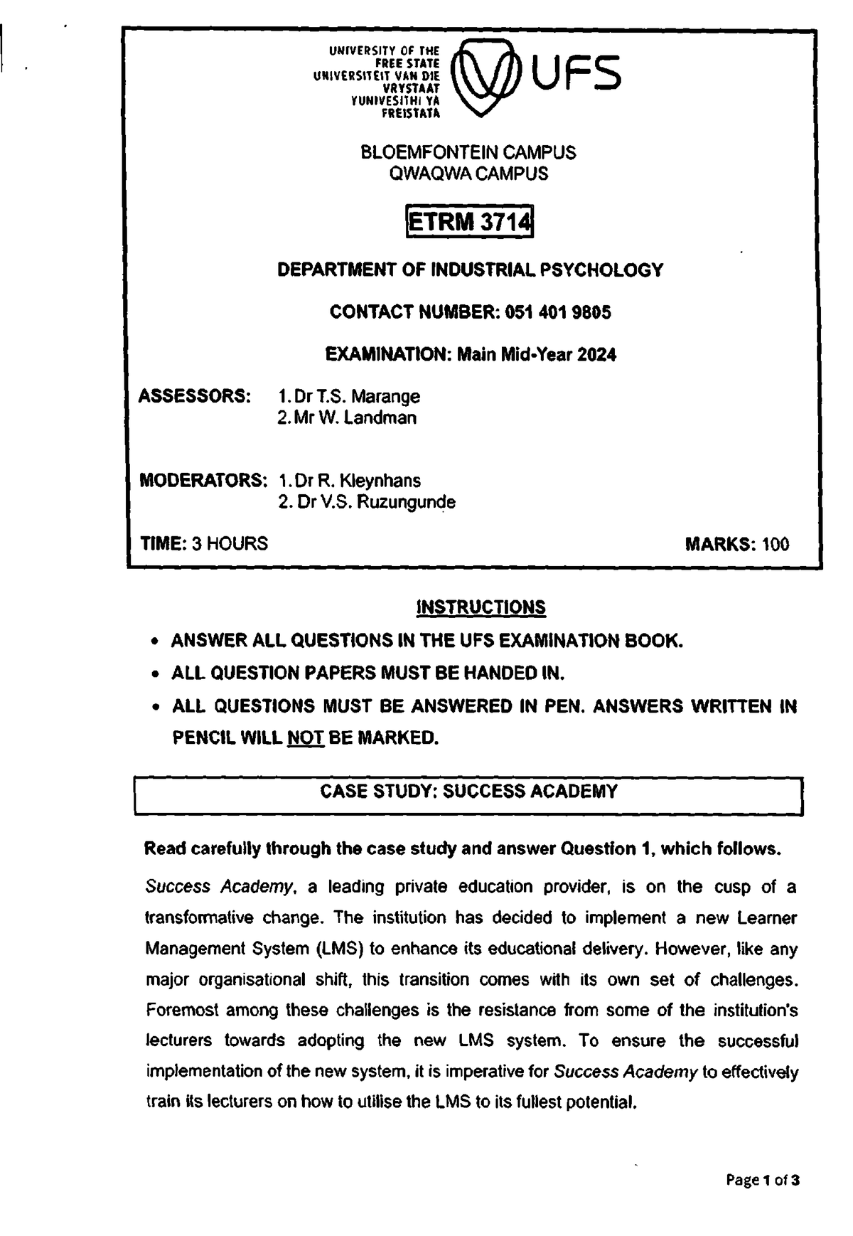 UFS ETRM 3714 Main Exam 2024: Case Study on Success Academy - Studocu