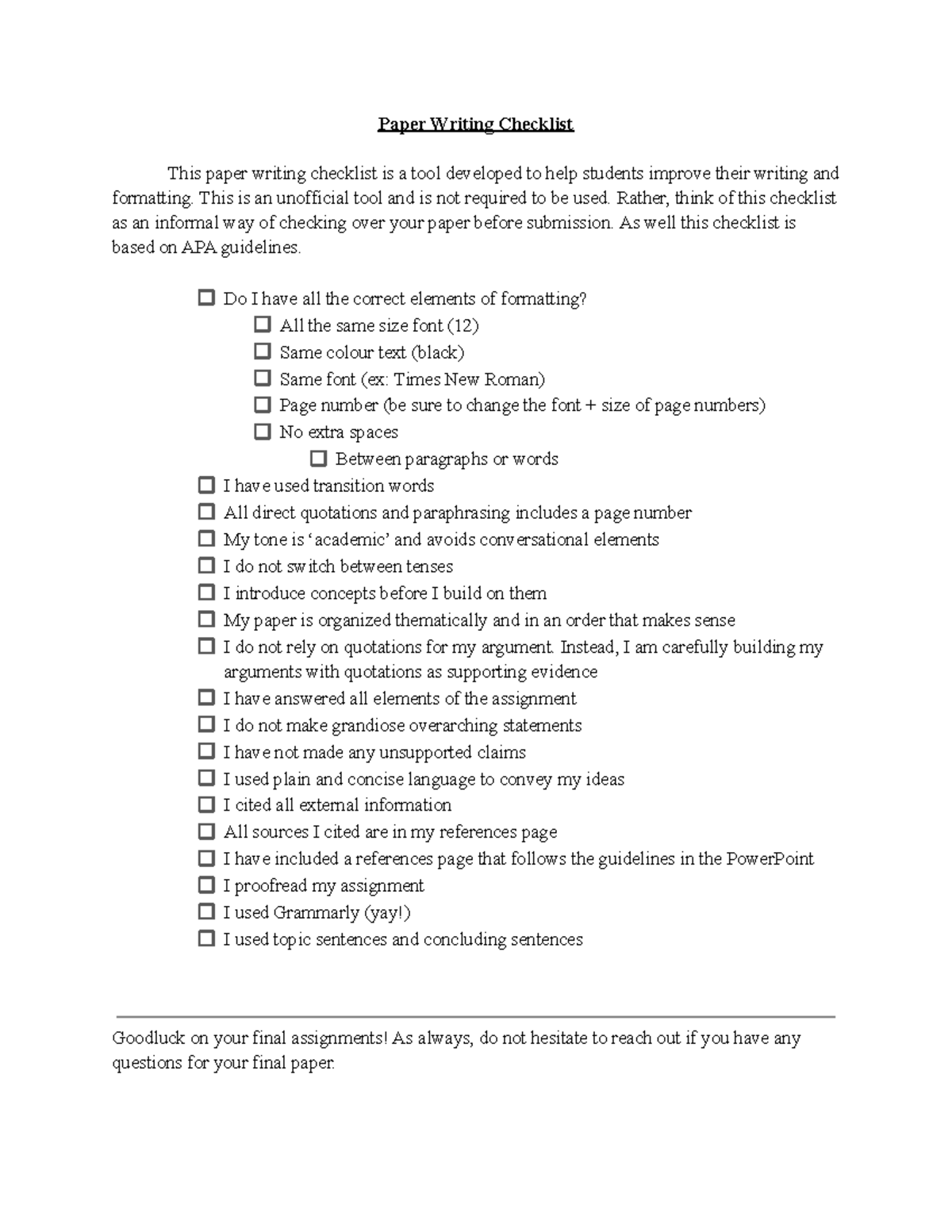 Checklist Paper Writing - Paper Writing Checklist This paper writing ...