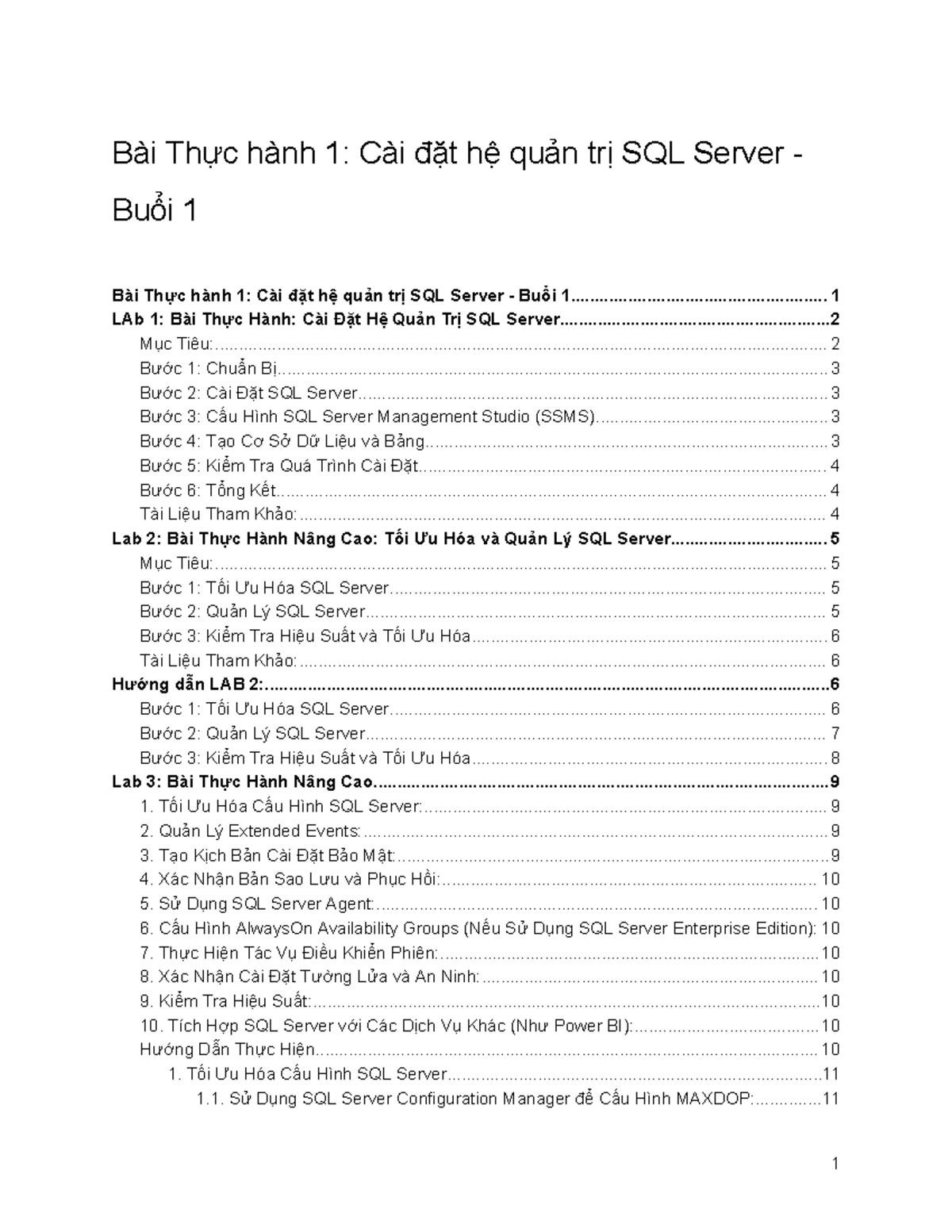 Bài Thực hành 1 Cài đặt hệ quản trị SQL Server - Buổi 1 - Bài Thực hành ...