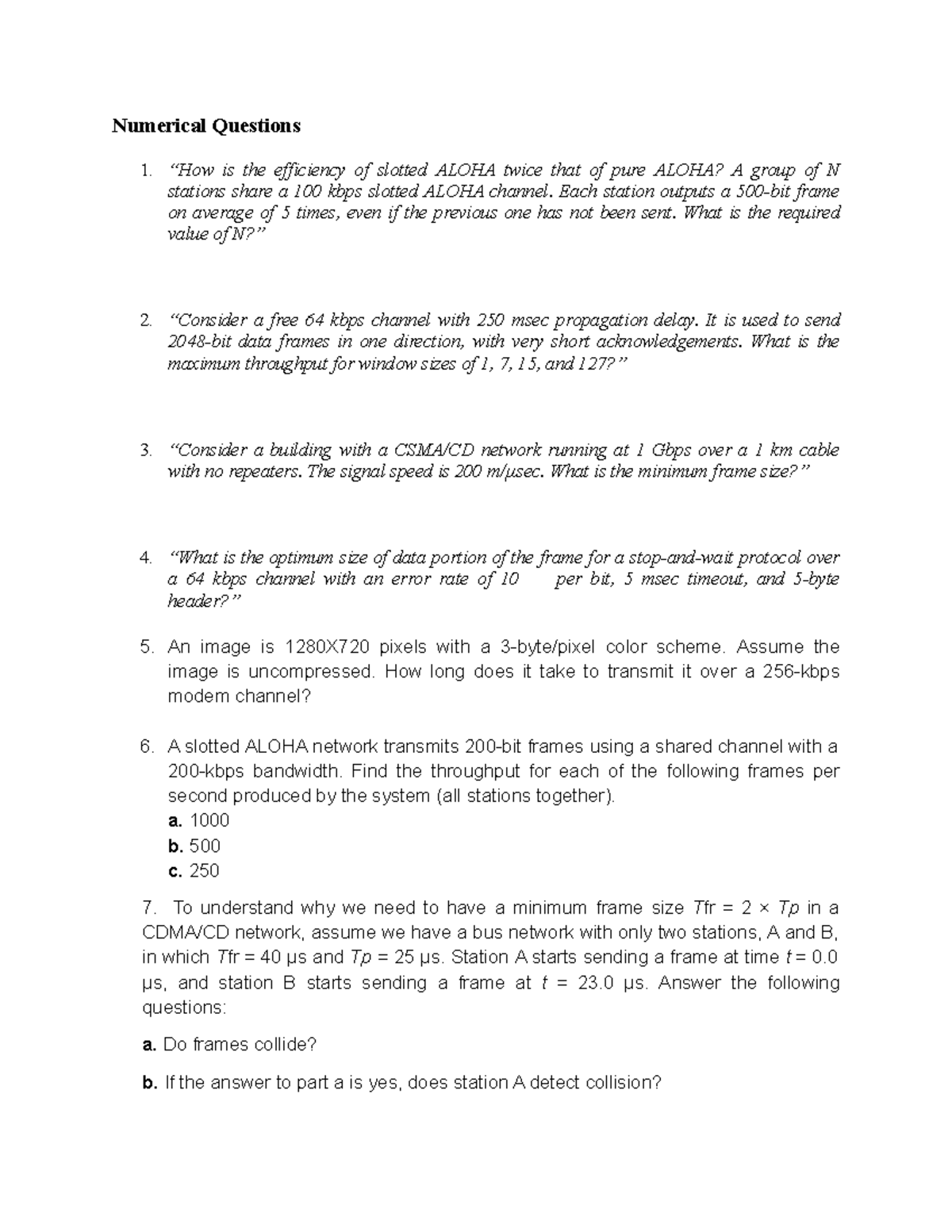 Numerical Questions - Slotted ALOHA & Throughput Analysis - Studocu