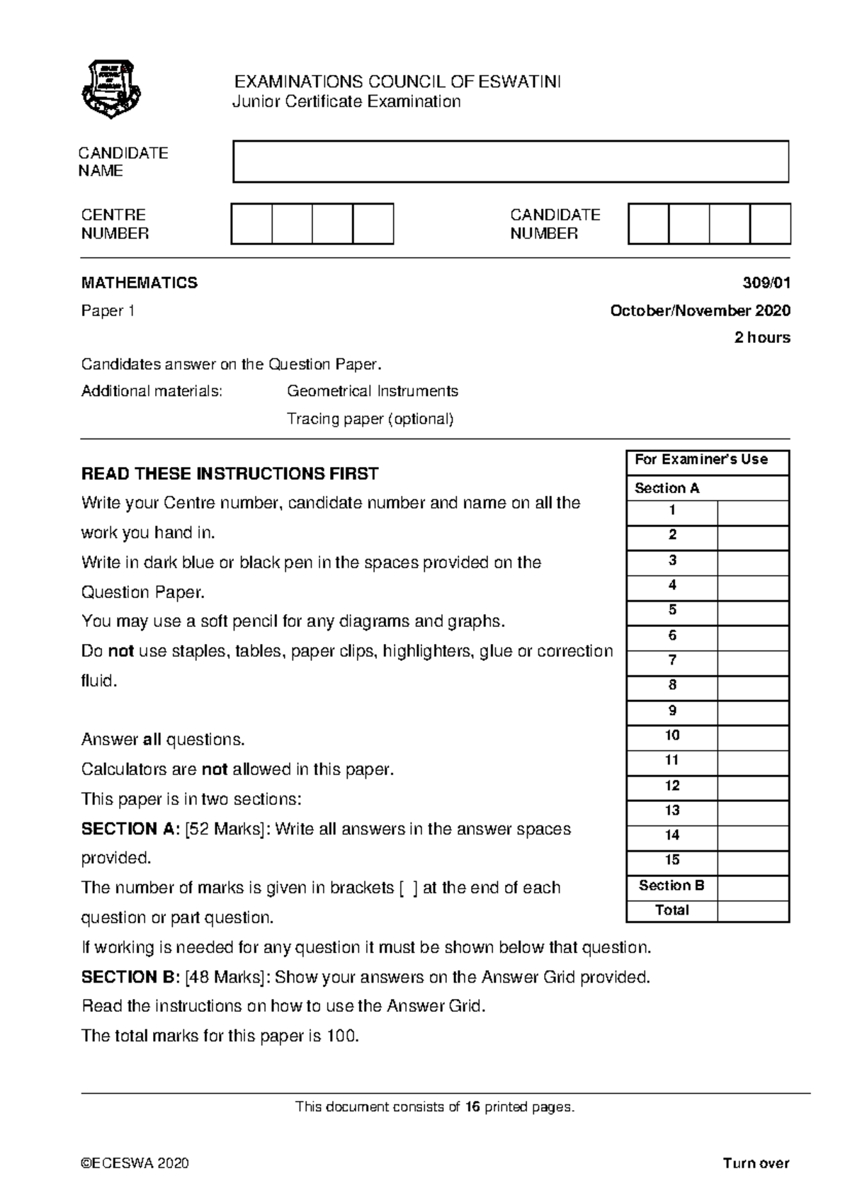 F3 Mathematics 1 - Junior Certificate Exam Practice 2020 - Studocu