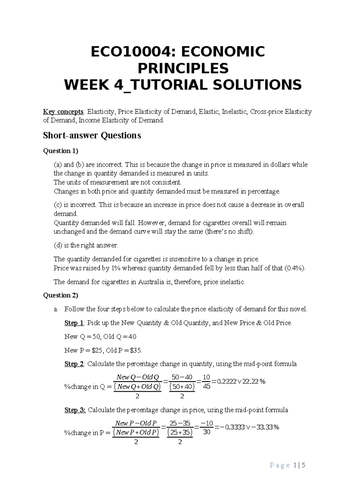 Week-4 Tutorial-Solutions-1 - ECO10004: ECONOMIC PRINCIPLES WEEK 4 ...