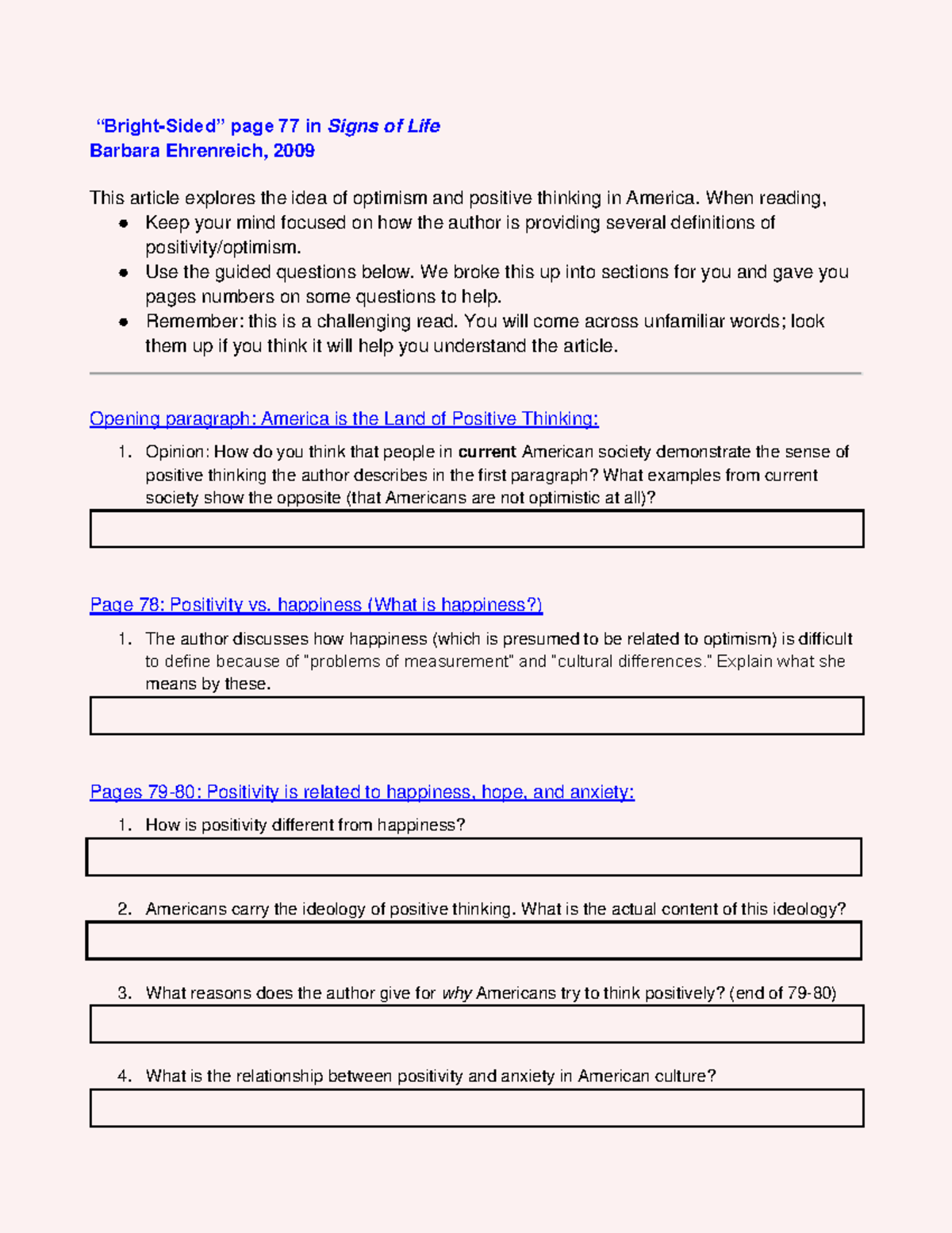 Bright-Sided (Barbara Ehrenreich) - Study Questions & Analysis - Studocu