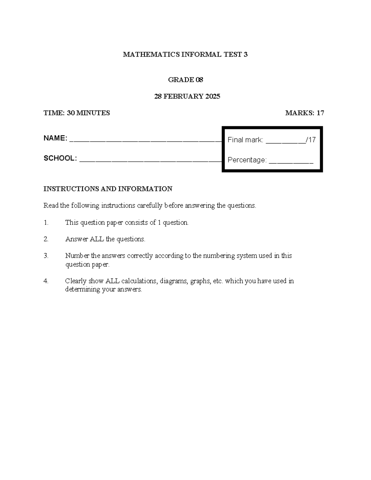 Mathematics Informal TEST 2 Grade 8 - MATHEMATICS INFORMAL TEST 3 GRADE ...