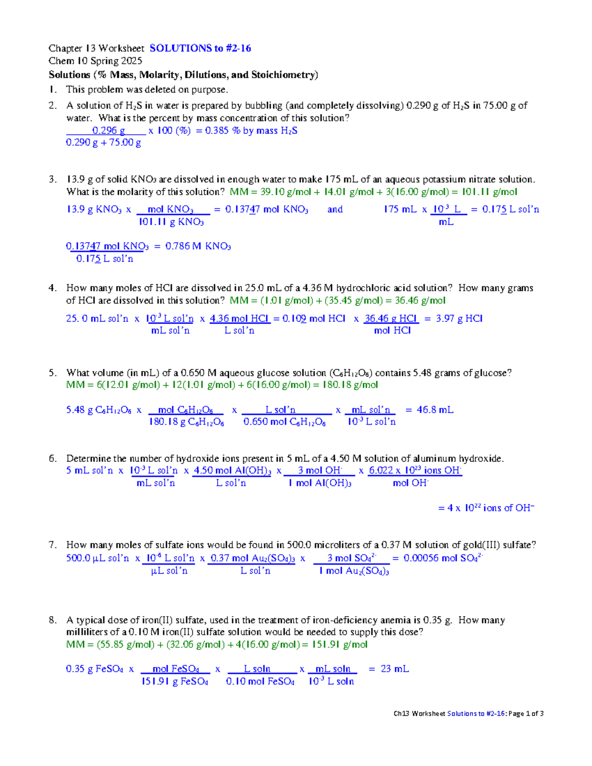 Chapter 13 Worksheet Solutions to Chem 10 Sp25: Mass, Molarity, and ...