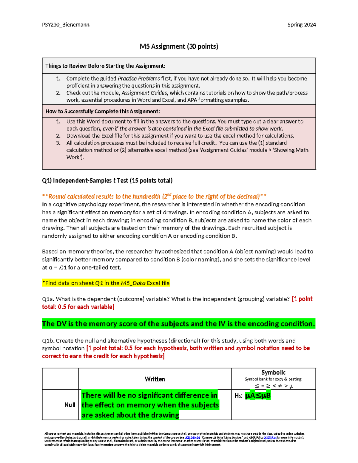 PSY230 M5 Assignment Guide: Cognitive Psychology T-Tests and Analysis ...
