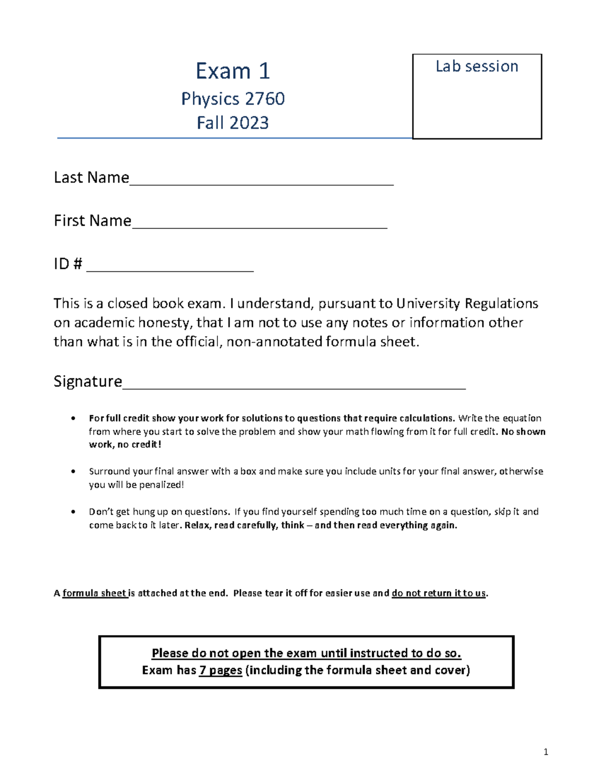 Physics 2760: Exam 1 Lab Session Guidelines Fall 2023 - Studocu