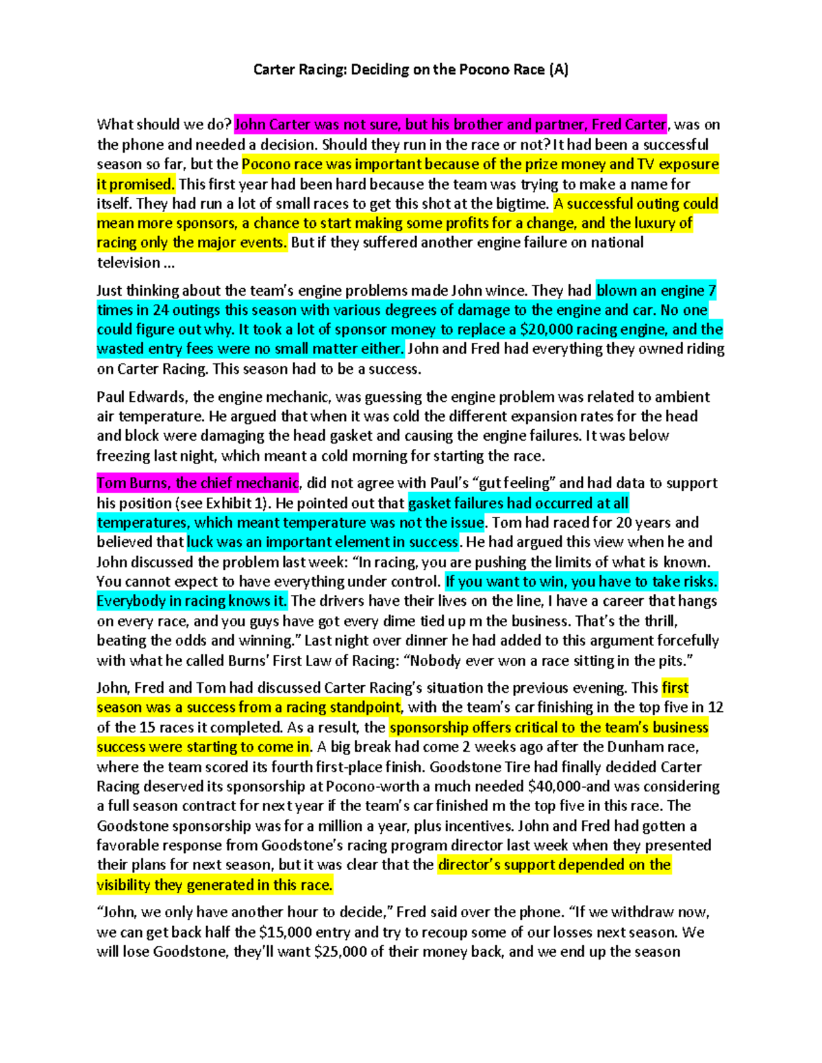 Carter Racing Case Study: Decision for Pocono Race (A) - Studocu