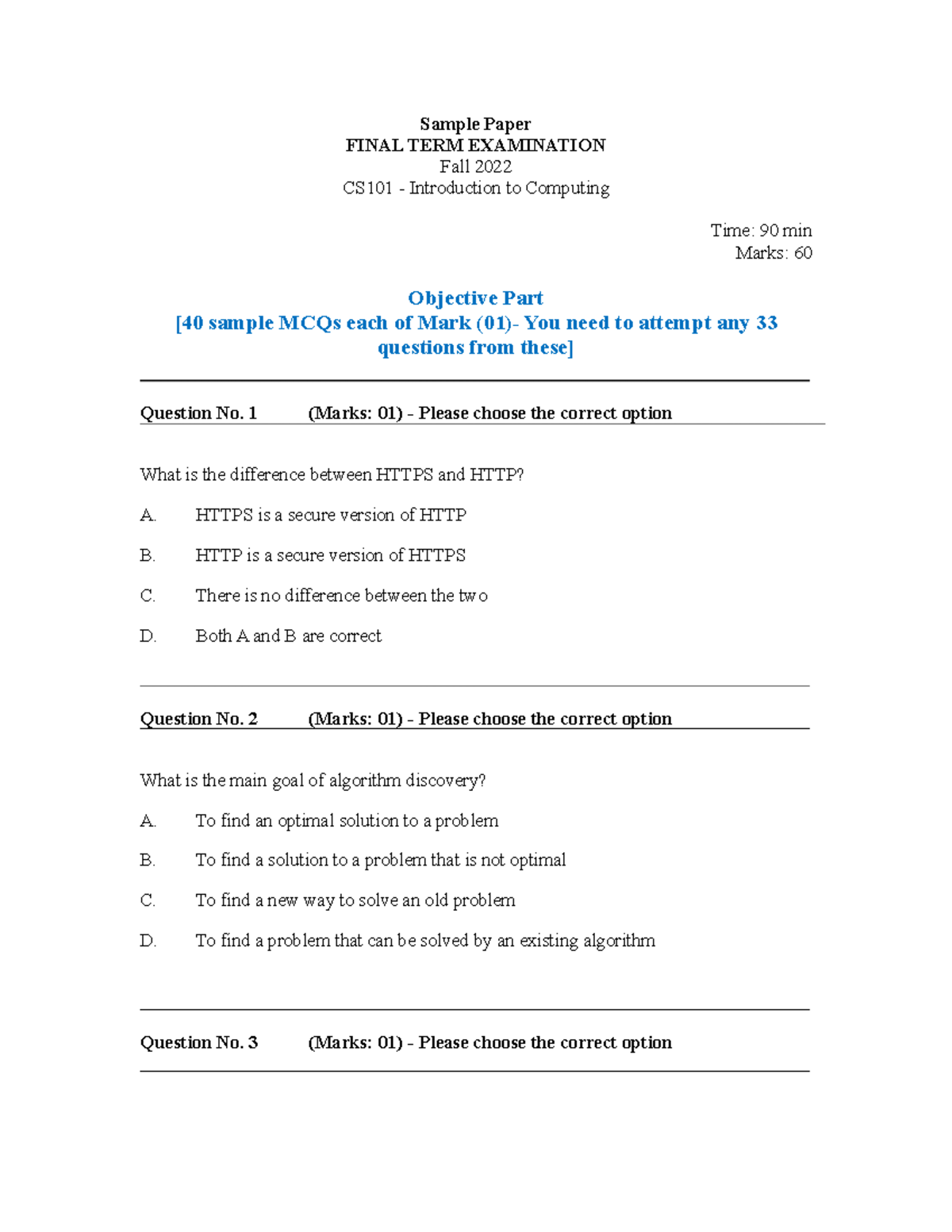 CS101 Final Exam Sample Paper - Fall 2022 Questions and Answers - Studocu