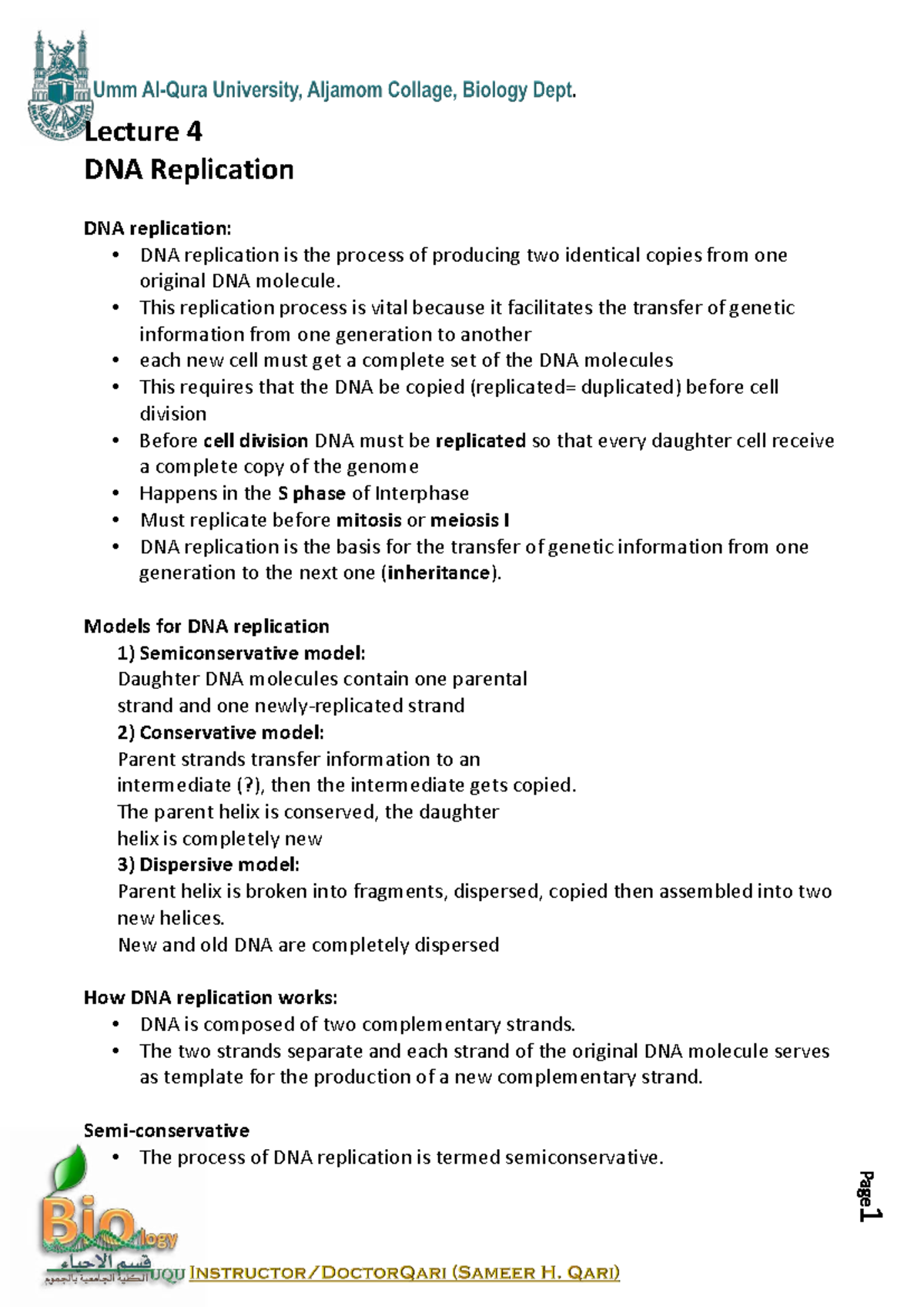Lecture 4: DNA Replication and Its Mechanisms in Genetics - Studocu