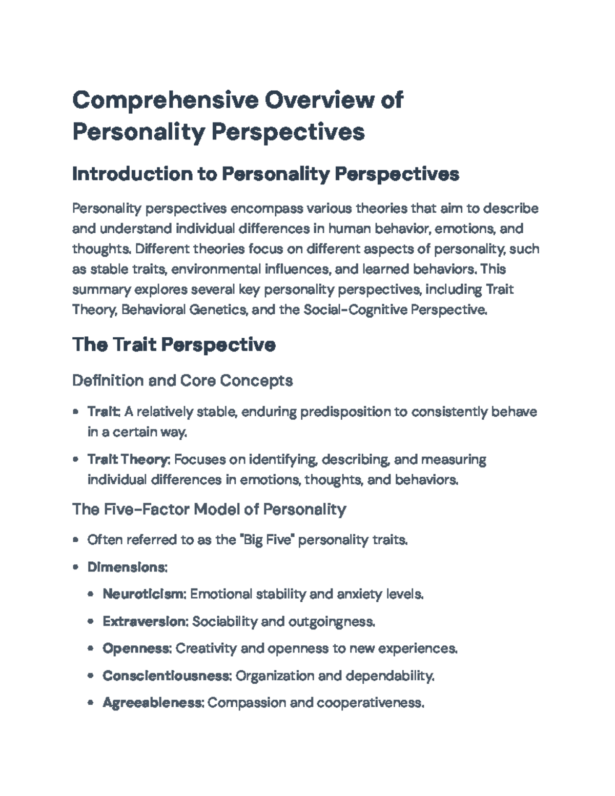 Comprehensive Overview of Personality Perspectives (PSY101 ...