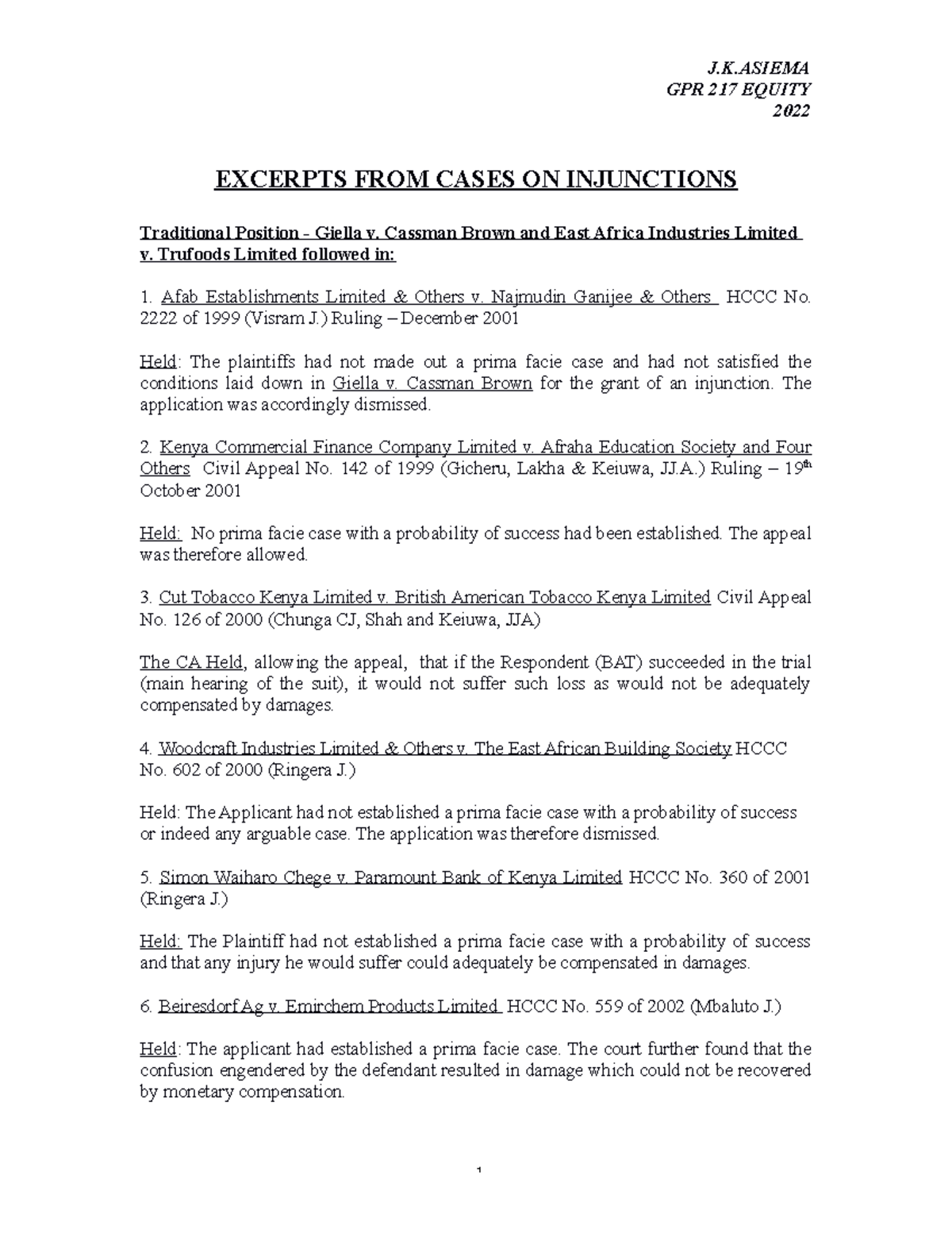 GPR 217 Equity: Case Excerpts on Injunctions and Legal Principles - Studocu