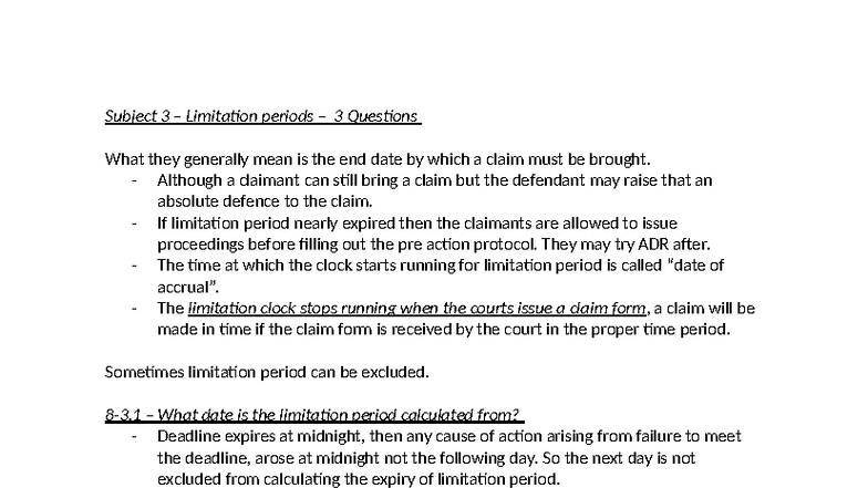 Limitation Periods in Law: Key Concepts and Implications - Studocu